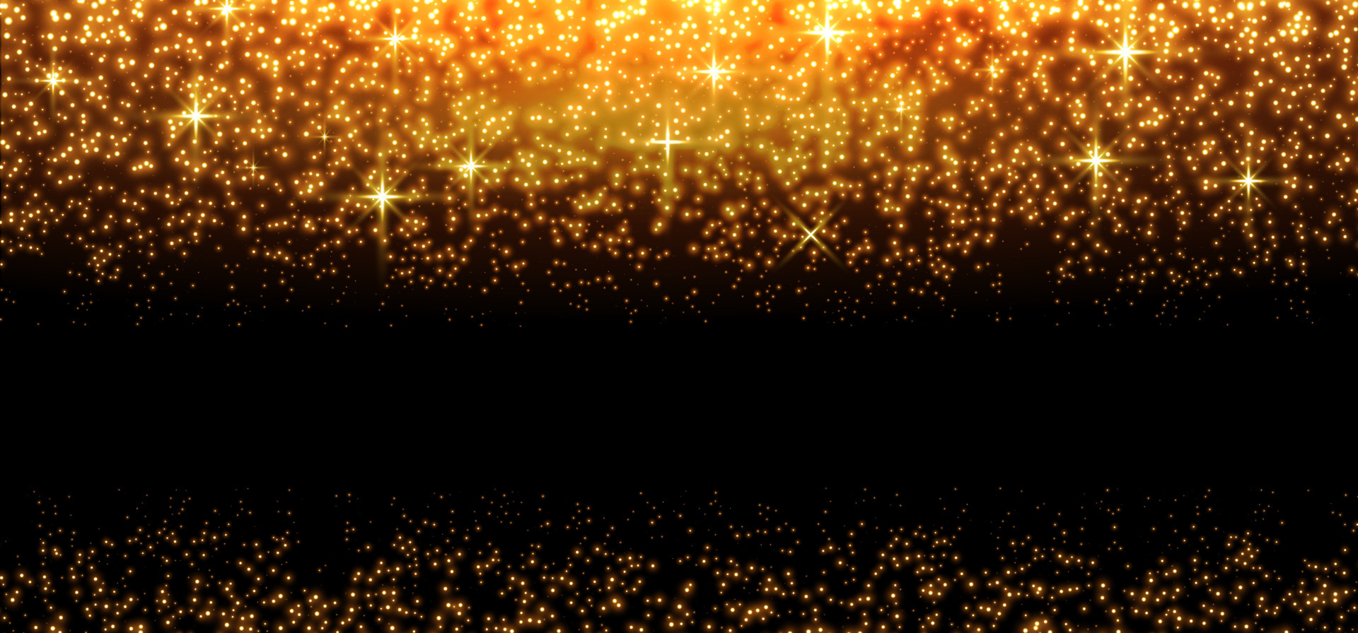 Gold glittering dots, sparkles, particles and stars on a black background. Abstract light effect ...
