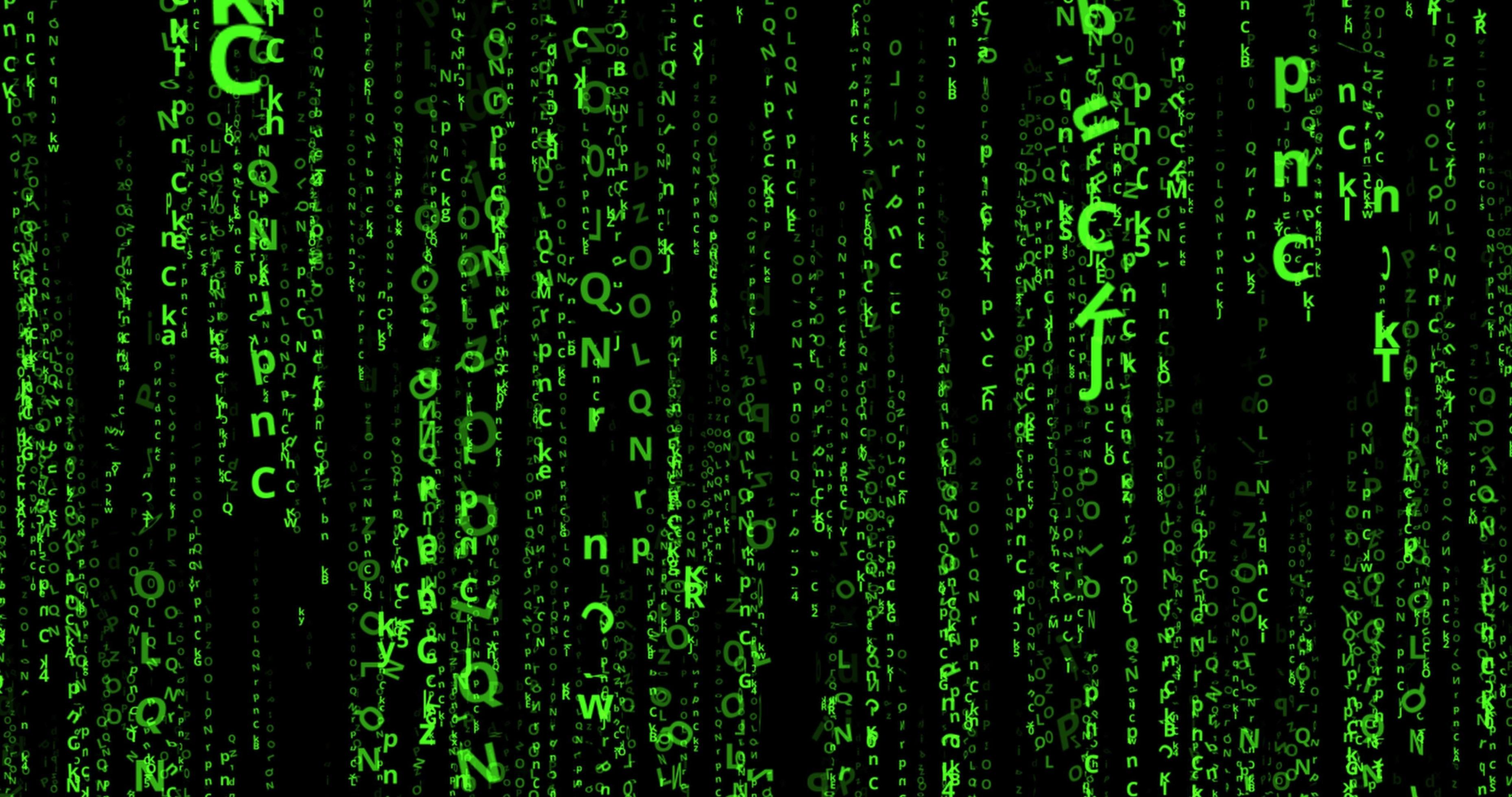 Cyberspace with falling green digital lines, binary hanging chain ...