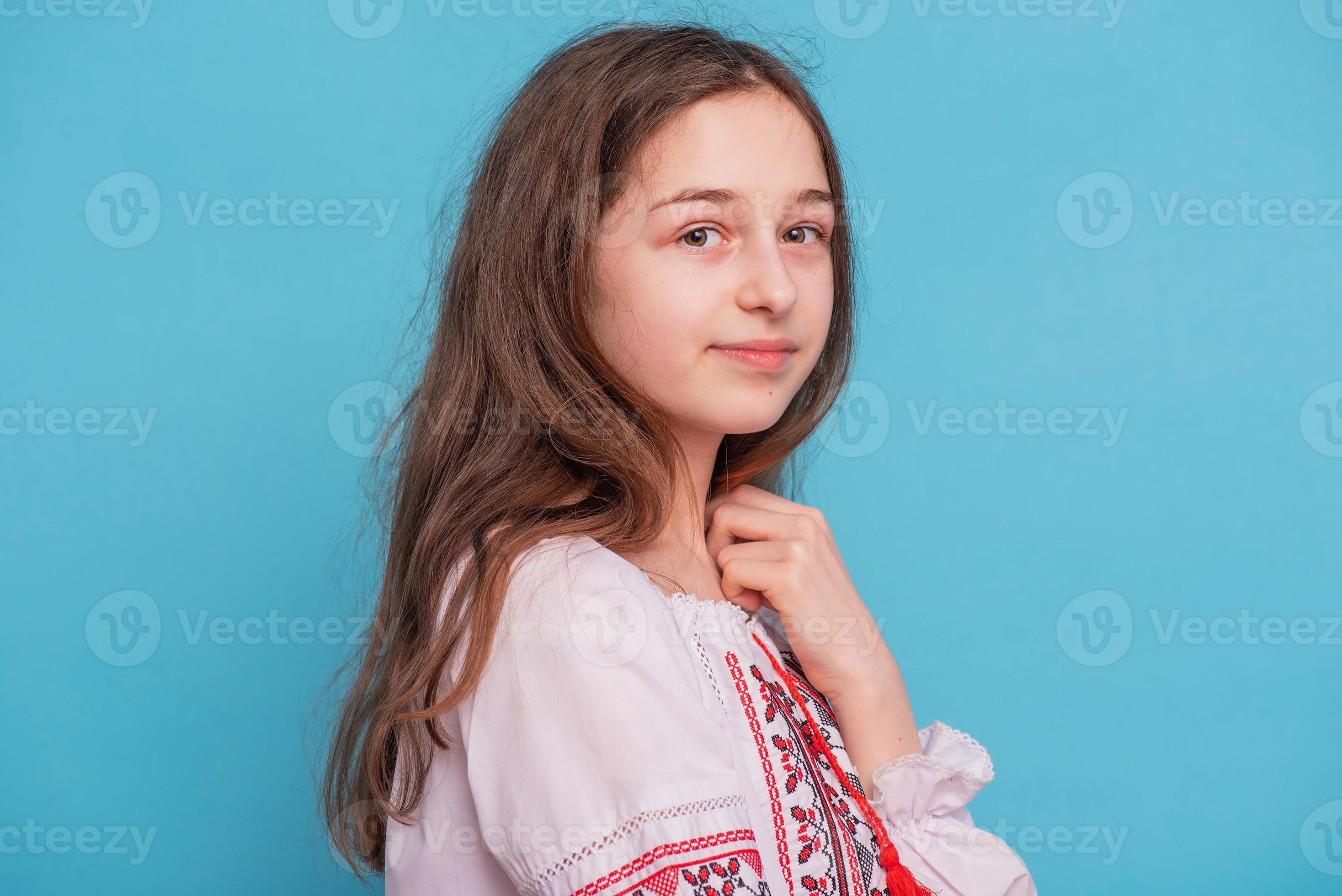 Girl On A Blue Background Portrait Of An 11 Year Old Girl In Ukrainian