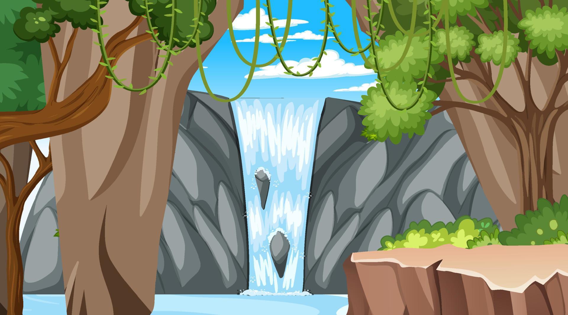 Nature scene with many trees and waterfall 6890110 Vector Art at Vecteezy