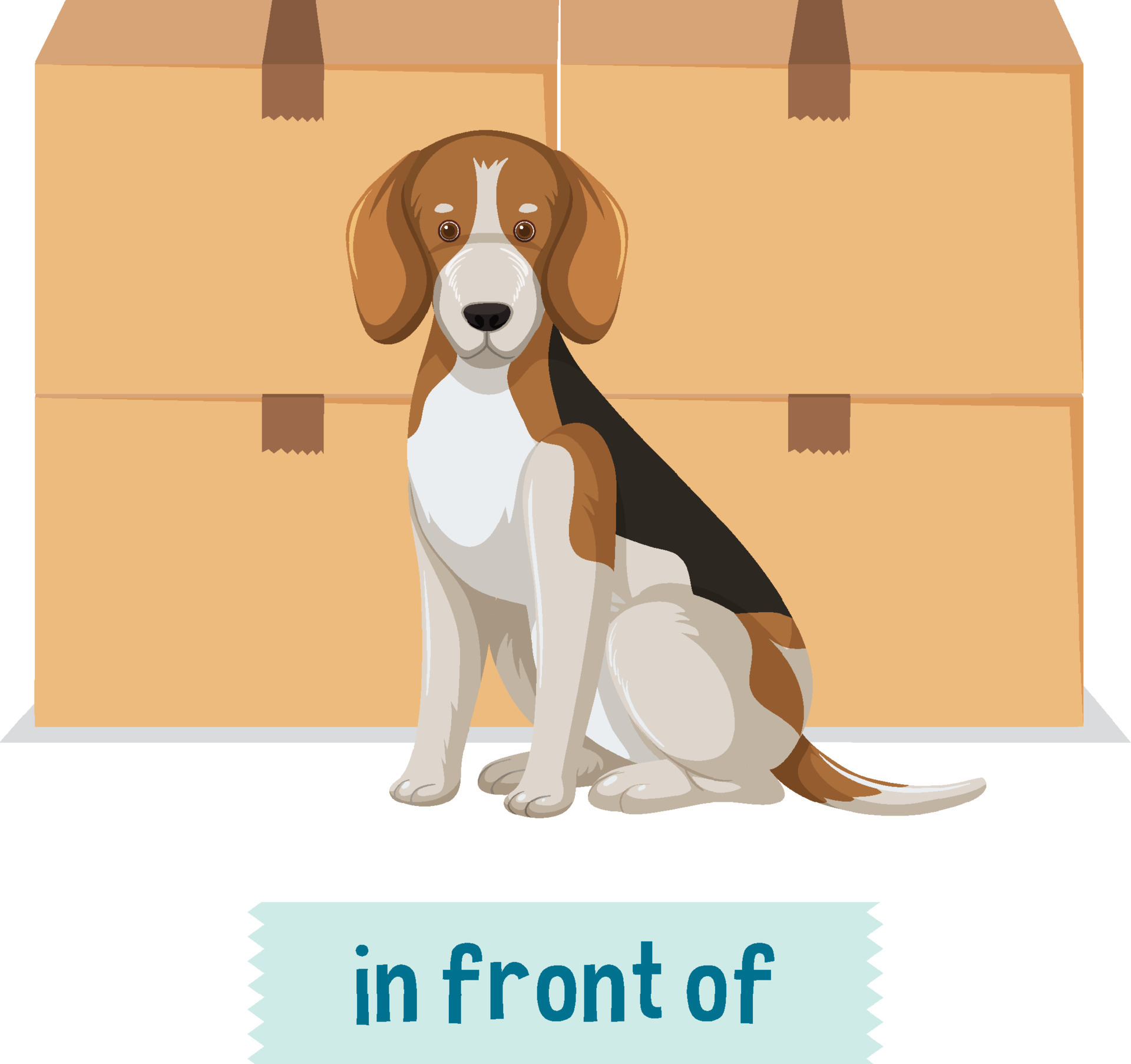 wordcard de preposición con perro y caja 6890867 Vector en Vecteezy