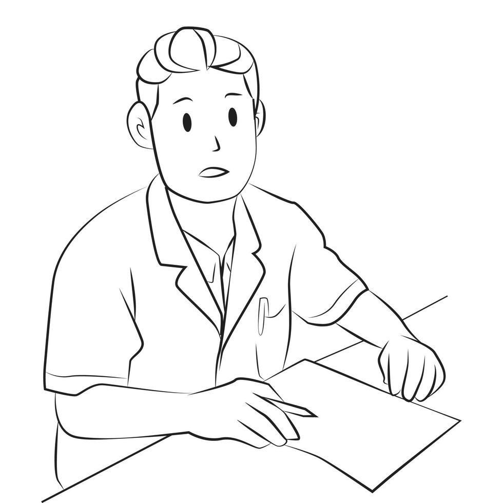 un hombre sentado en la mesa y quiere escribir una ilustración de ... un hombre sentado en la mesa y quiere escribir una ilustración de ...