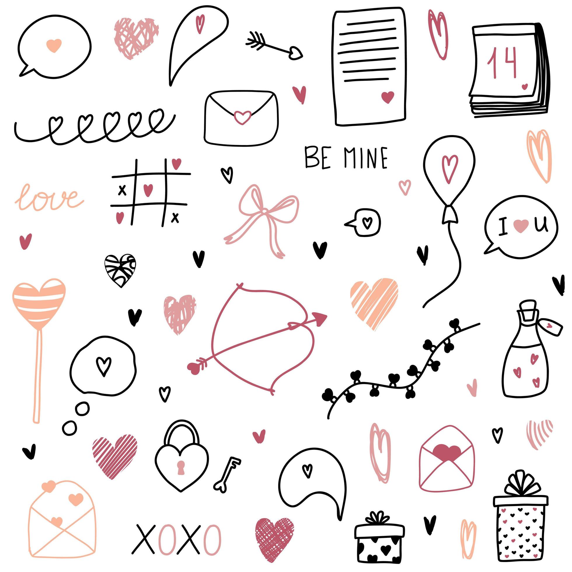 Love clipart hand drawn doodles for St.Valentine s day with hearts, bow ...