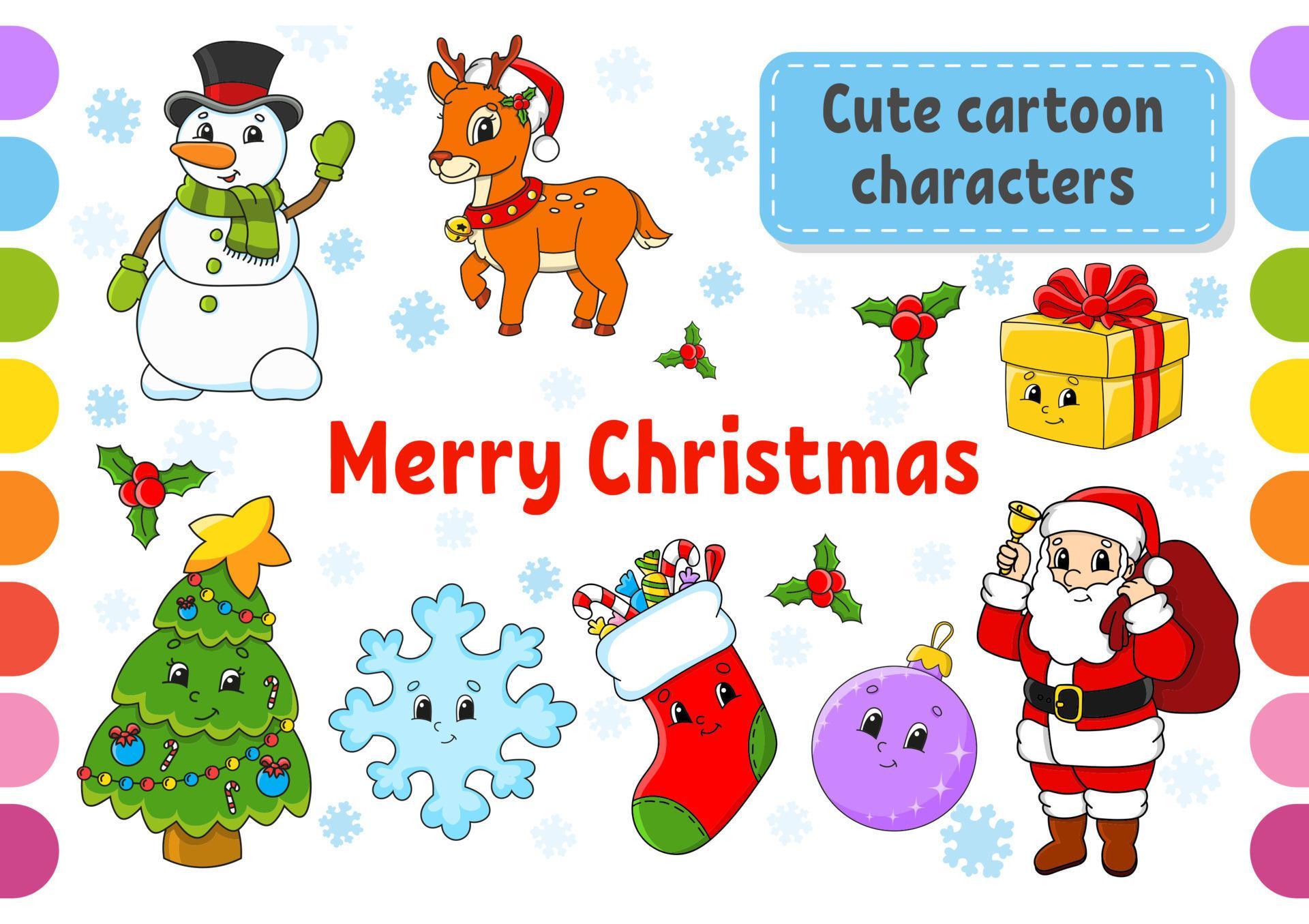 Set of stickers with cute cartoon characters. Winter clipart. Christmas ...