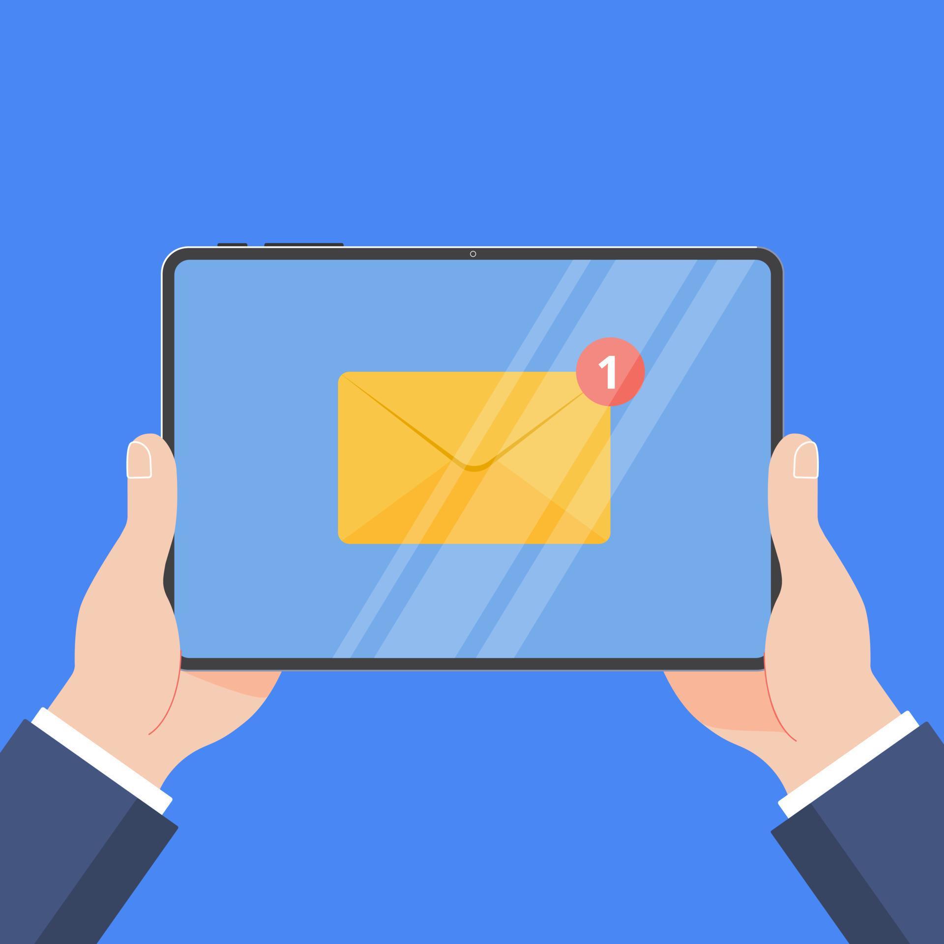 Hands hold tablet pad devise with envelope document paper sheet page ...