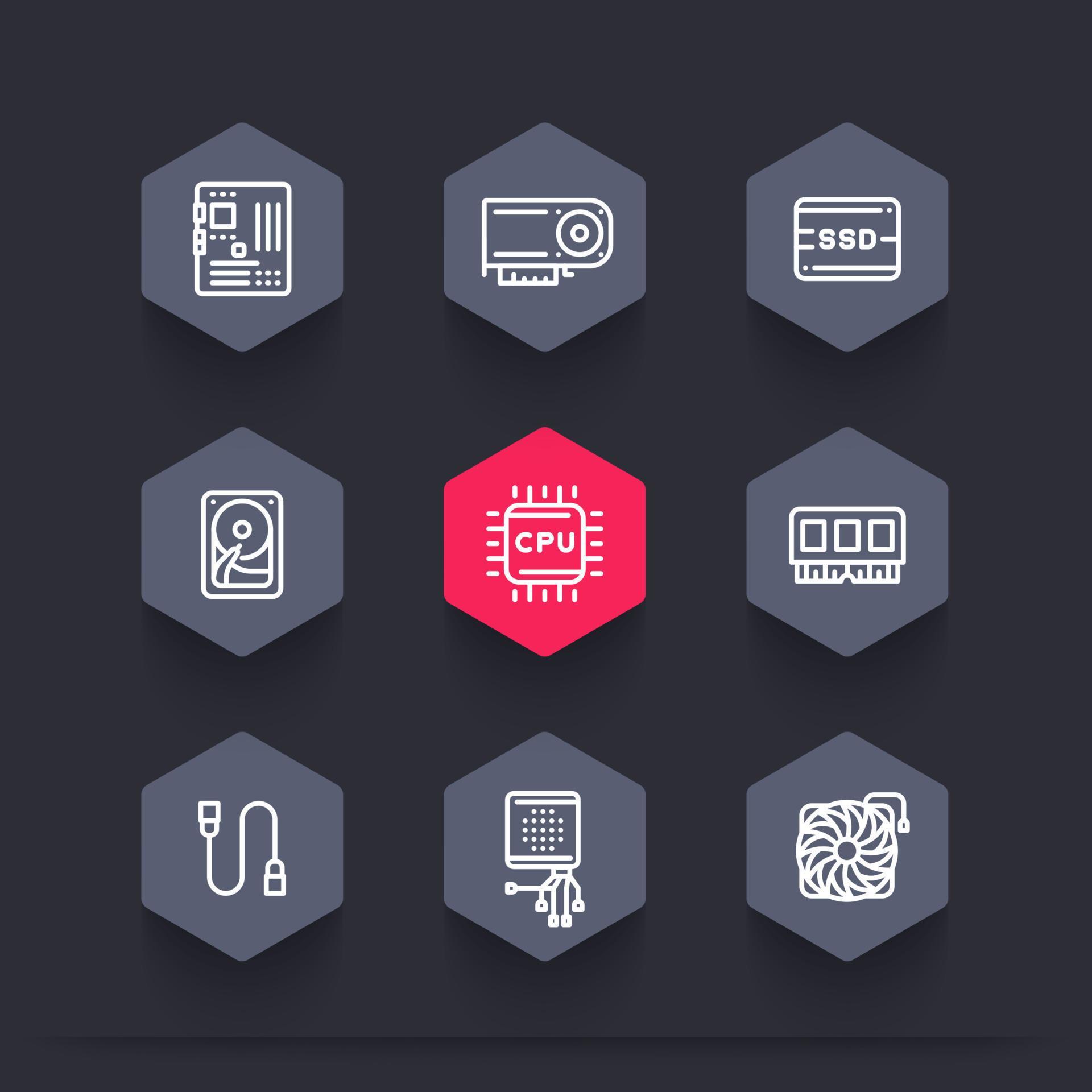 computer components line icons set, motherboard, memory, video card ...