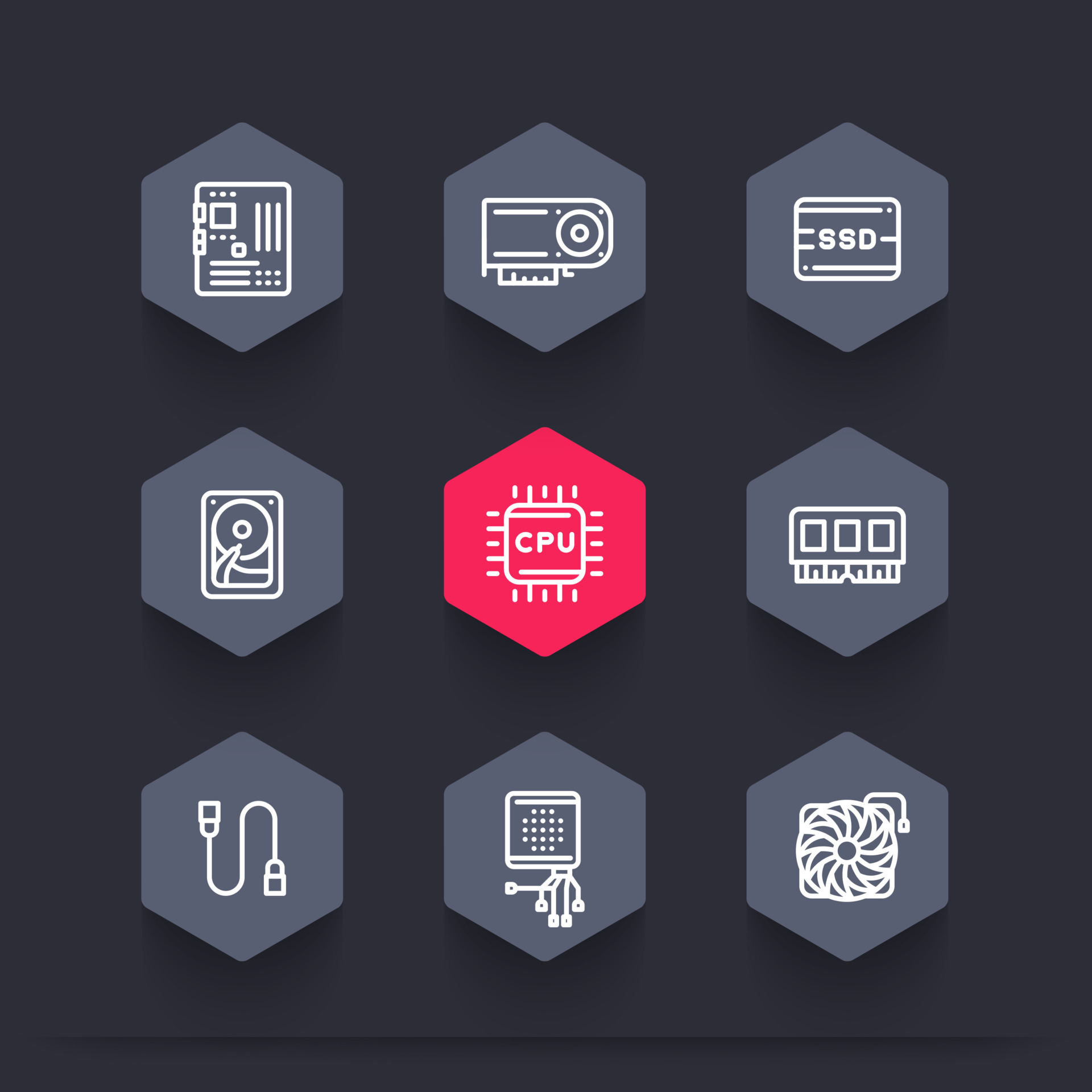 computer components line icons set, motherboard, memory, video card, HDD, CPU, SSD, vector ...