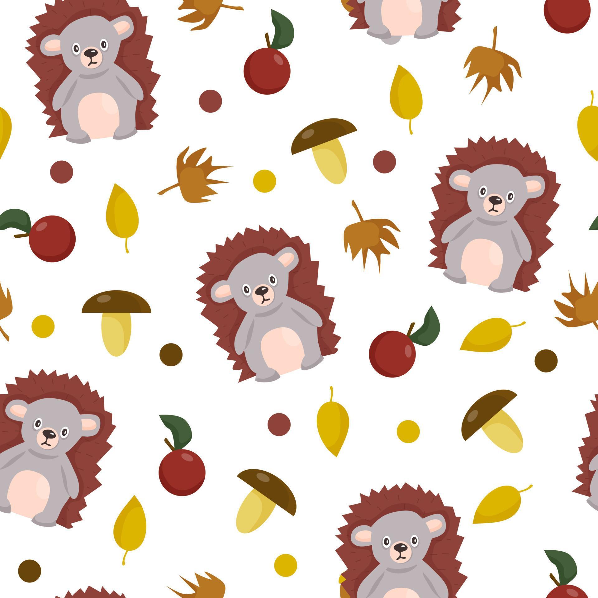 Seamless pattern with animals. Cute hedgehog with botanical elements of ...