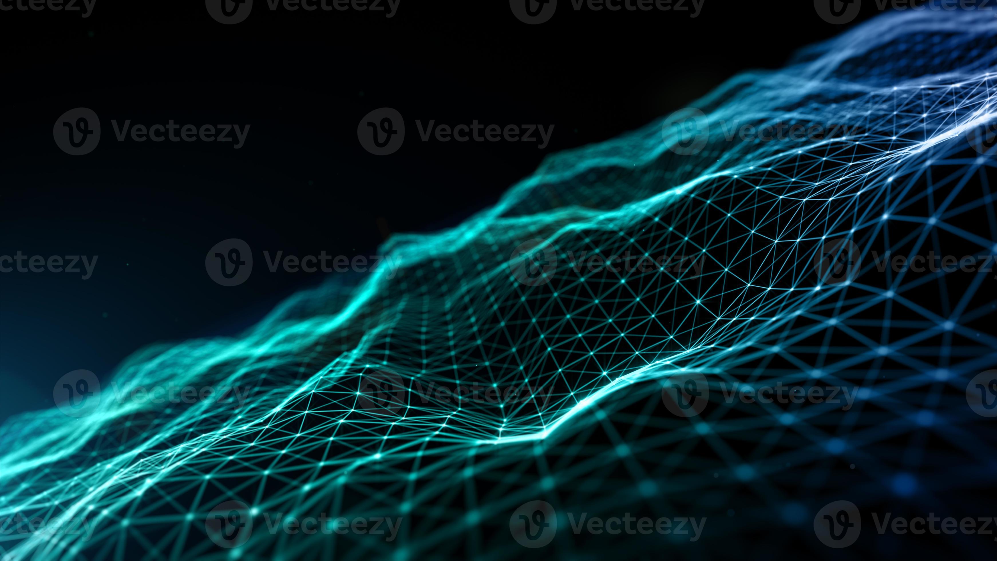 Digital Cyberspace Futuristic Green And Blue Color Particles Wave Flowing With Lines And Dots