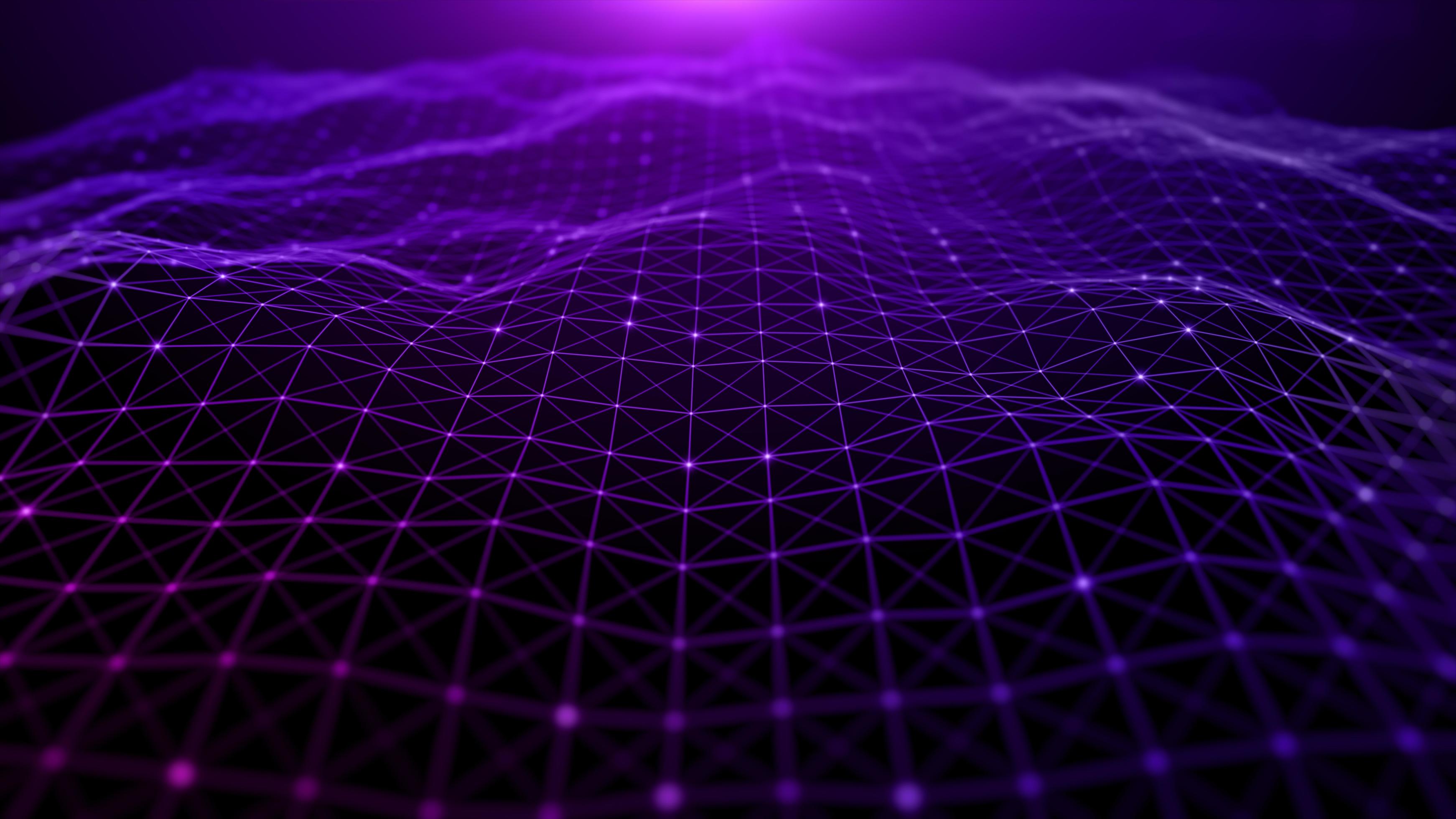 Digital Cyberspace Futuristic Purple Color Particles Wave Flowing With Lines And Dots