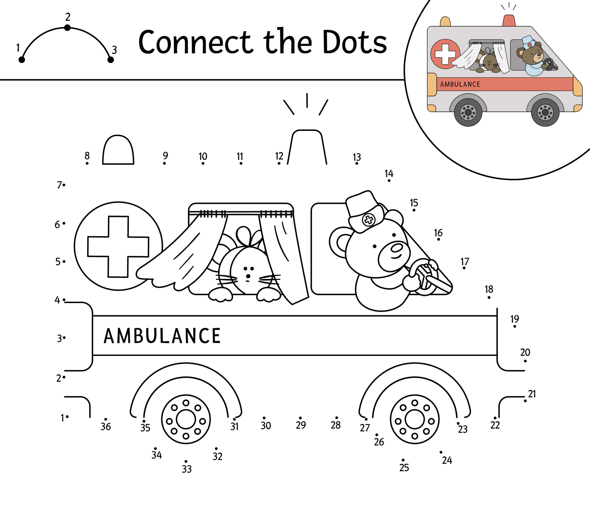 Vector Dot to dot Activity With Ambulance And Cute Animals Connect The vector-dot-to-dot-activity-with-ambulance-and-cute-animals-connect-the
