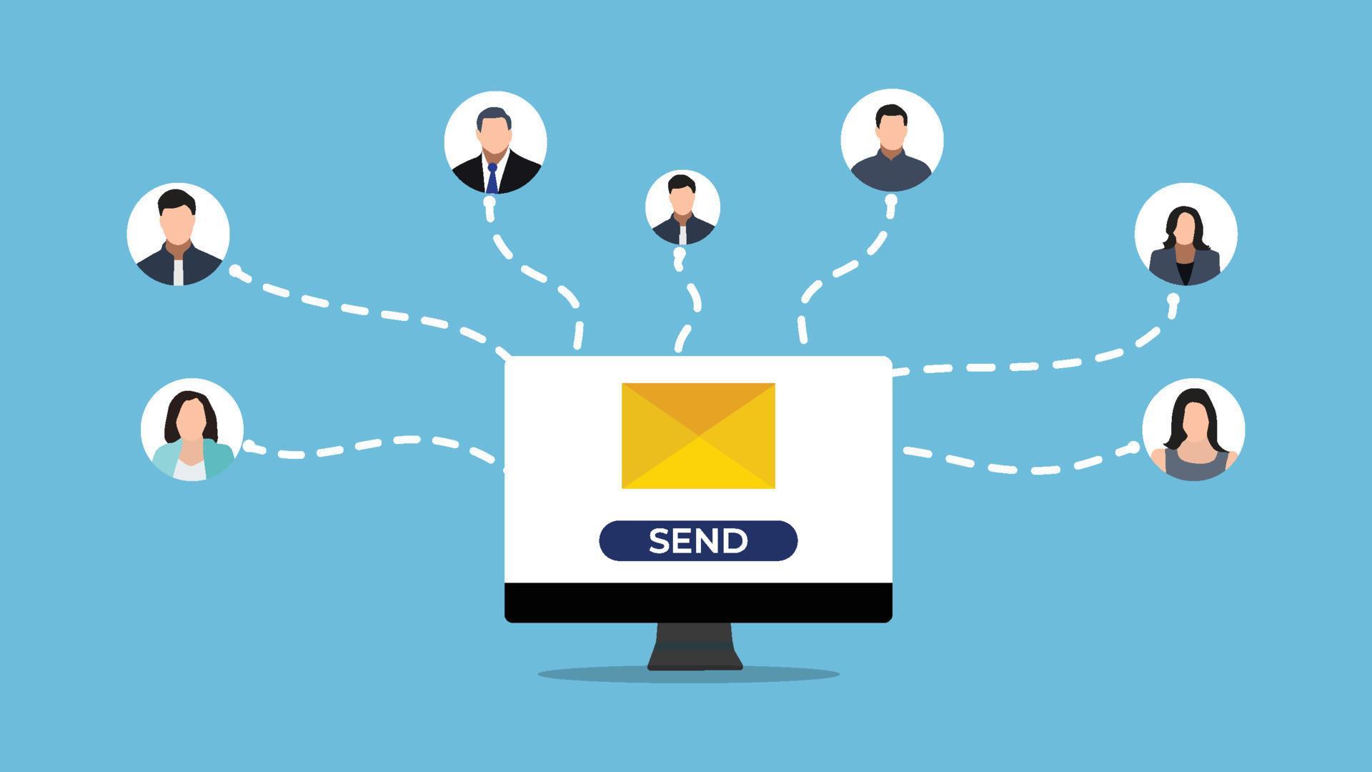 Office email communication system vector. Sending an email to friends ...
