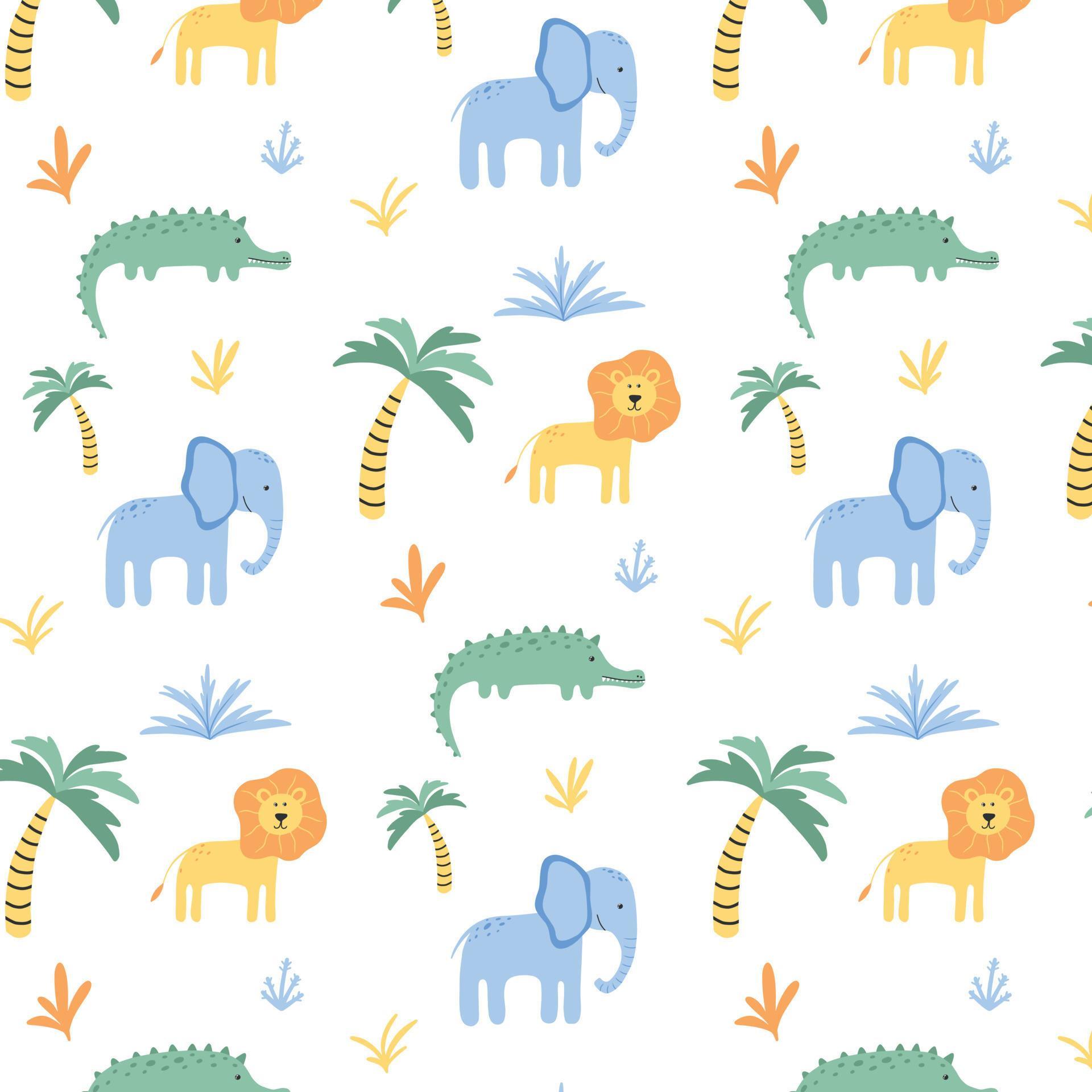 Childish seamless pattern with jungle animals and palm trees. Hand ...