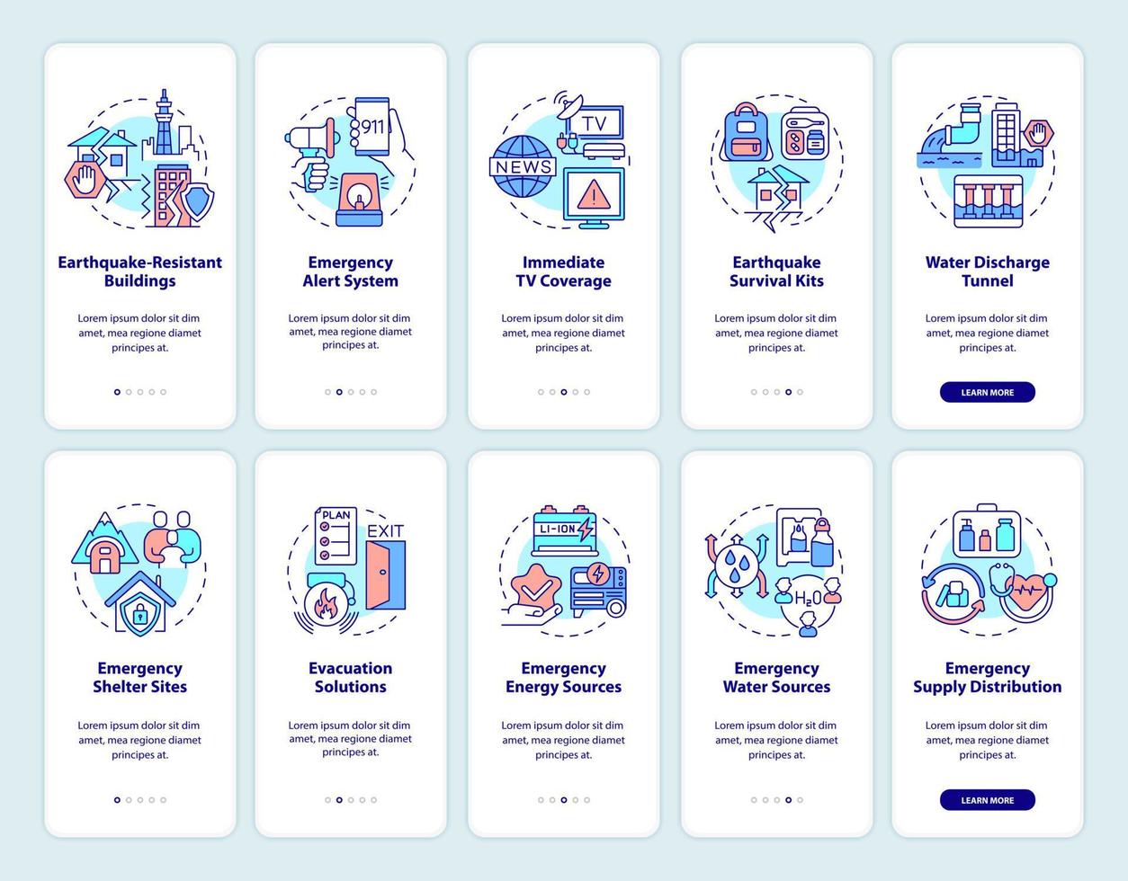Disaster Mitigation Onboarding Mobile App Screen Set Safety Walkthrough 5 Steps Graphic