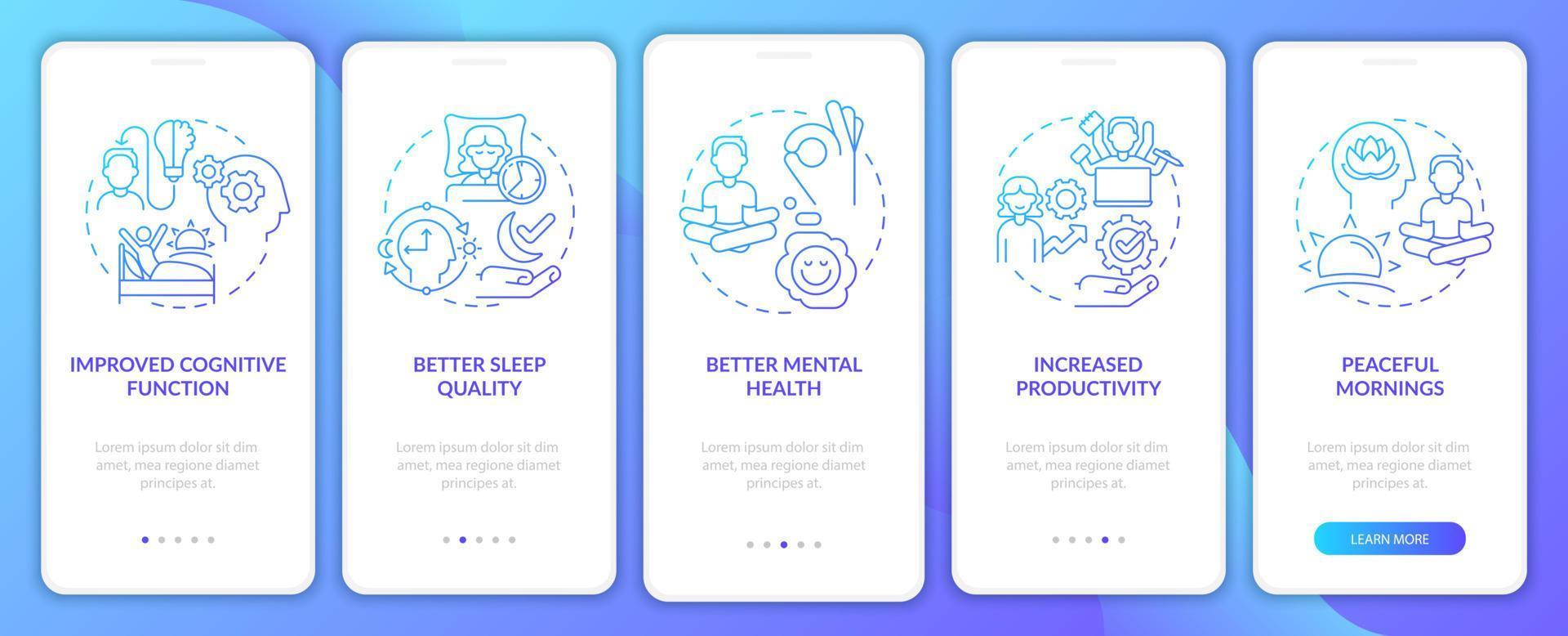 Wake up early benefits blue gradient onboarding mobile app screen. Health walkthrough 5 steps ...