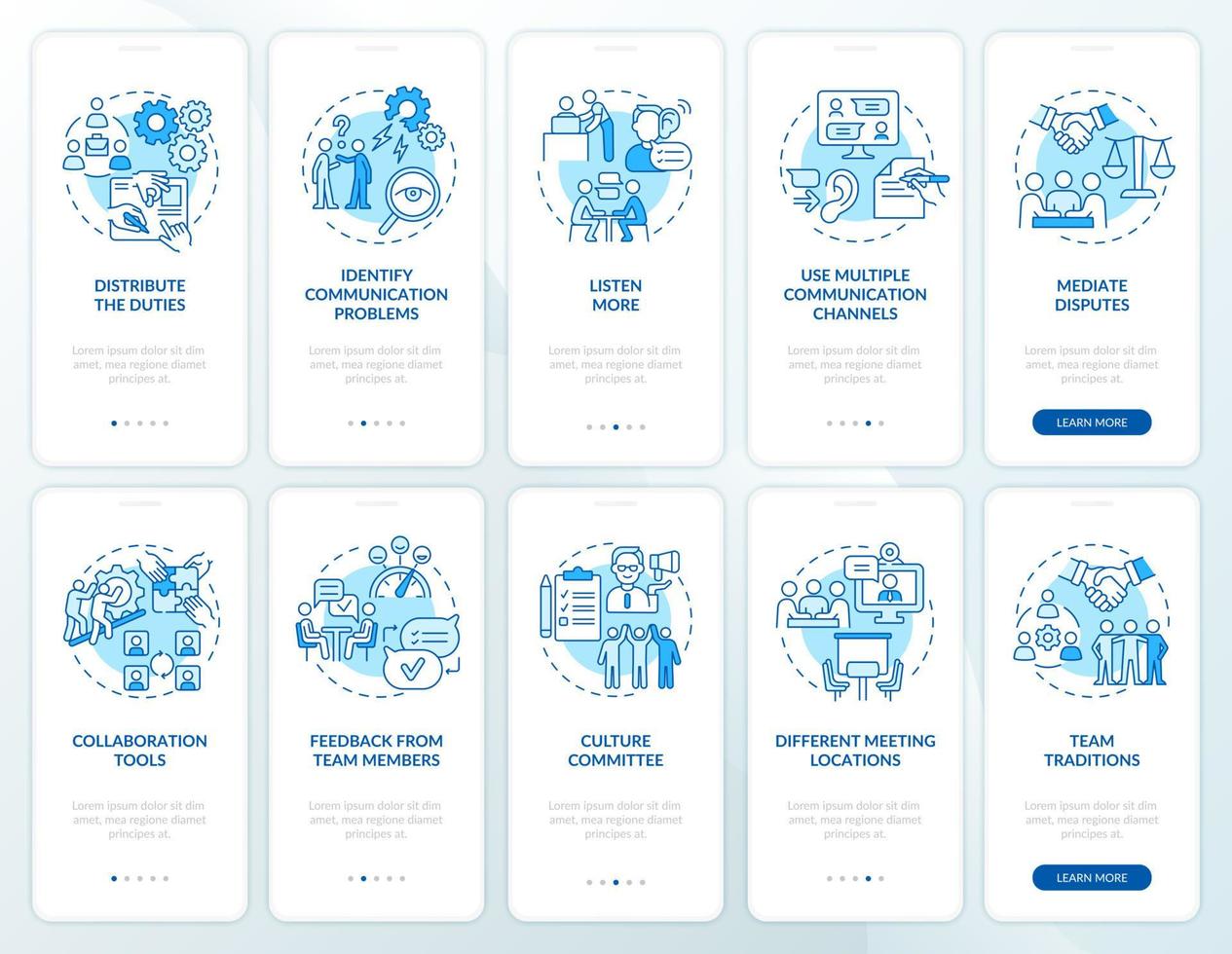 Teamwork Blue Onboarding Mobile App Screen Set Effective Team Walkthrough 5 Steps Graphic