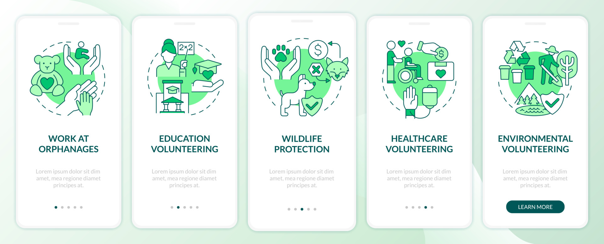 Volunteering Work Green Onboarding Mobile App Page Screen Social Aid
