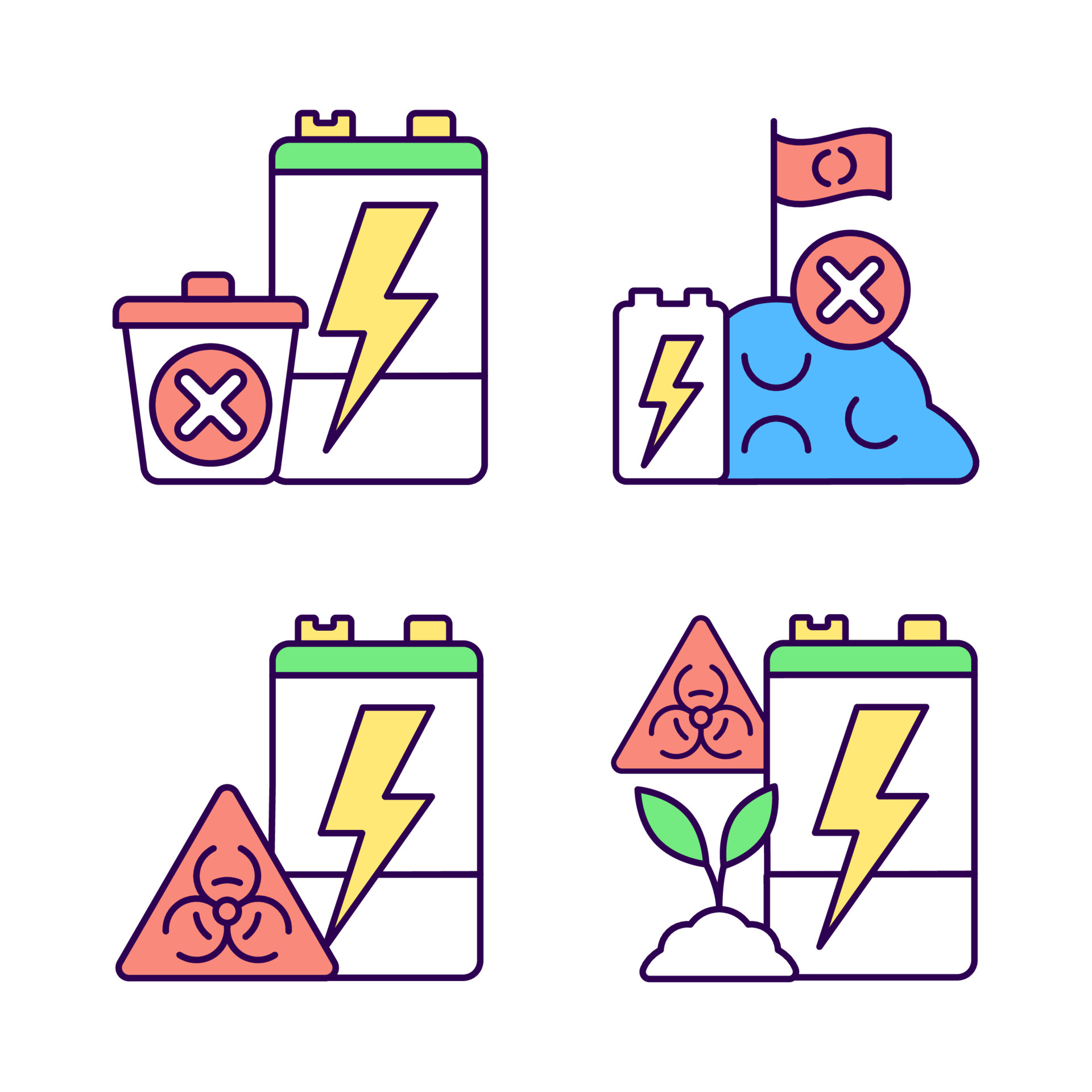 Improper battery disposal RGB color icons set. E-waste prohibited ... Improper battery disposal RGB color icons set. E-waste prohibited ...