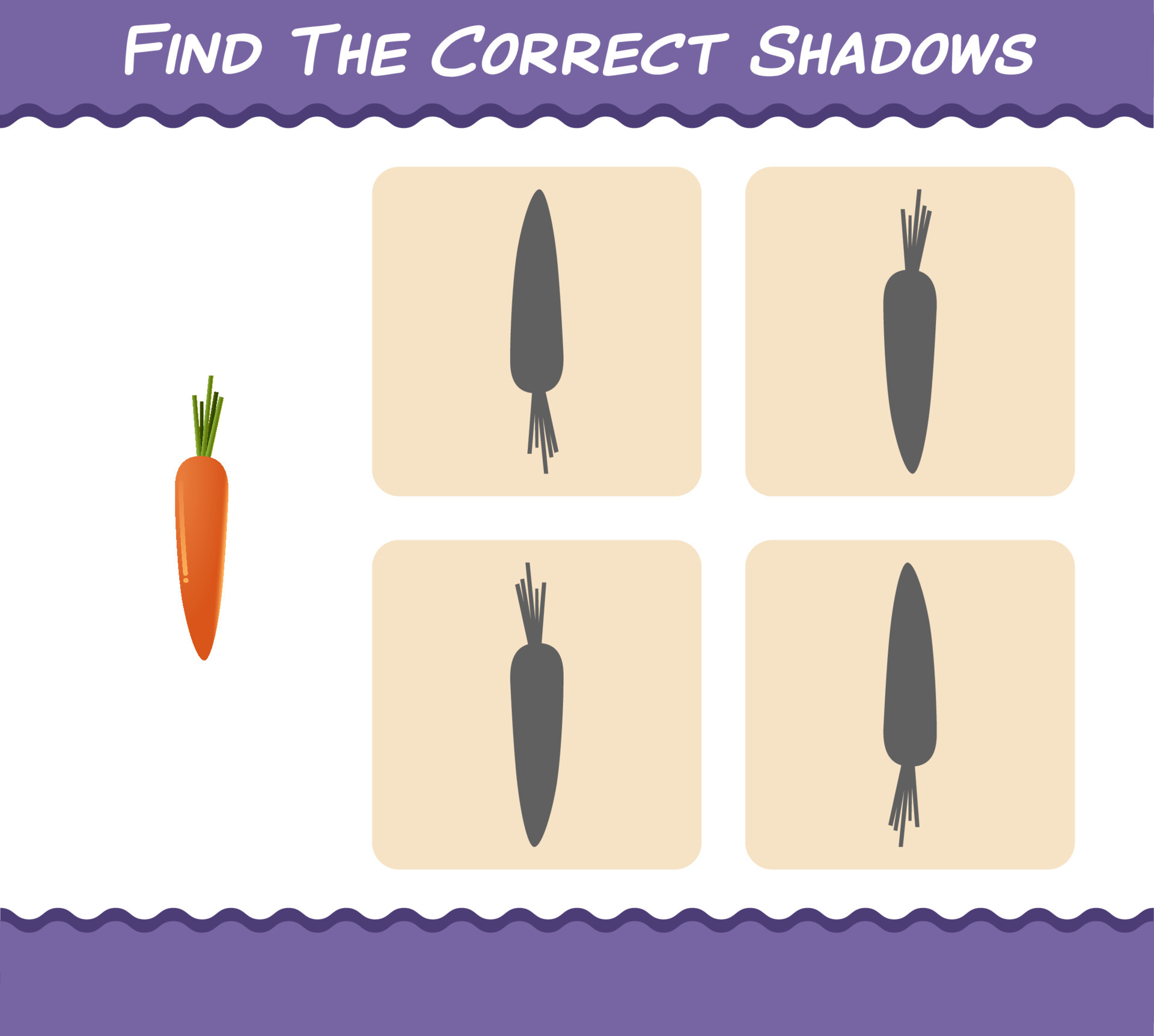 Find the correct shadows of cartoon carrot. Searching and Matching game ...