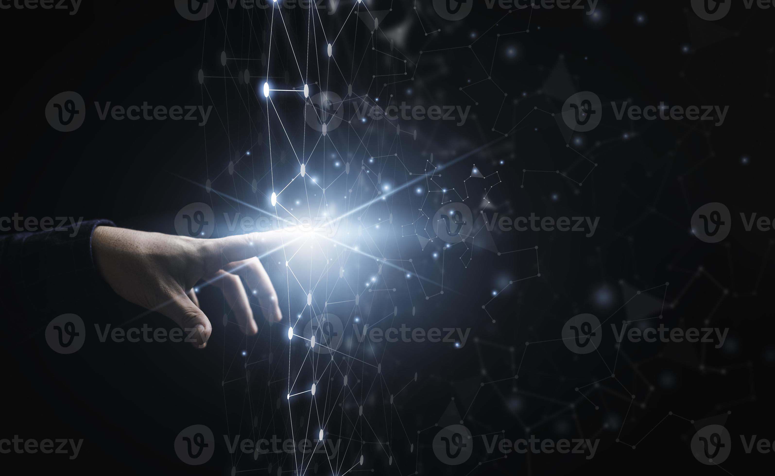 Hand touching to connection line which glowing for digital ...