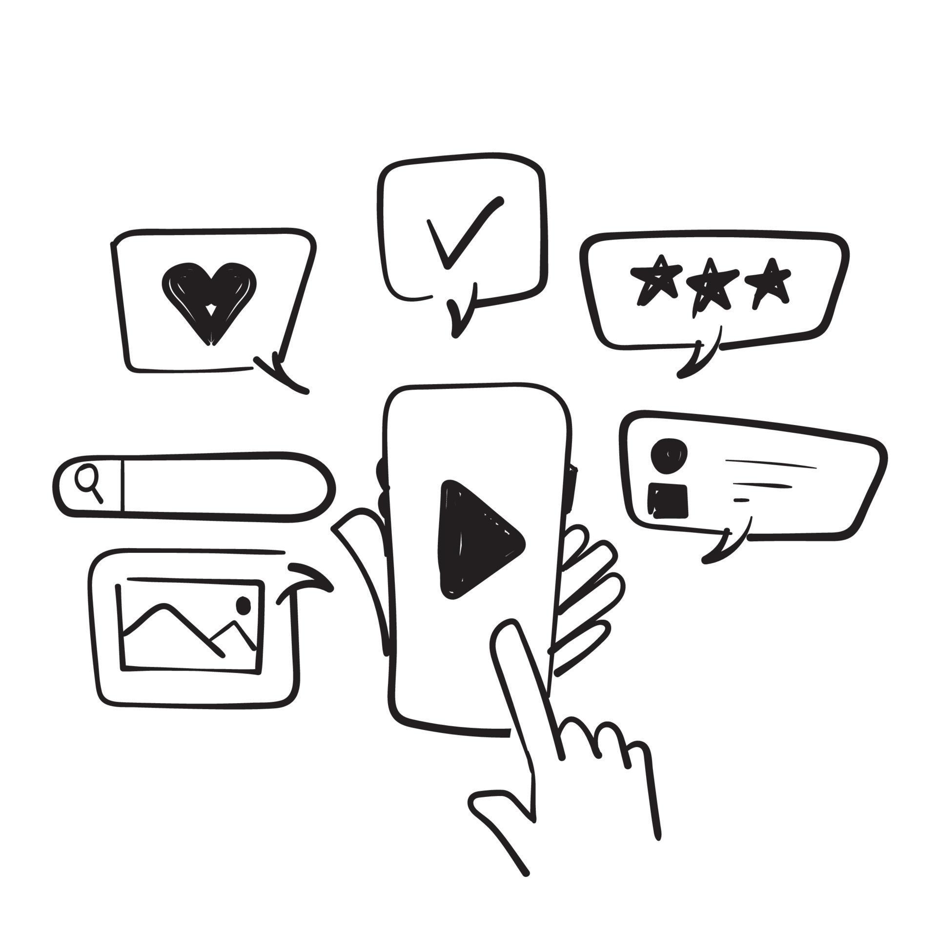 Hand Drawn Doodle Digital Screen Video Rendering And Seo Analysis Content Illustration Vector