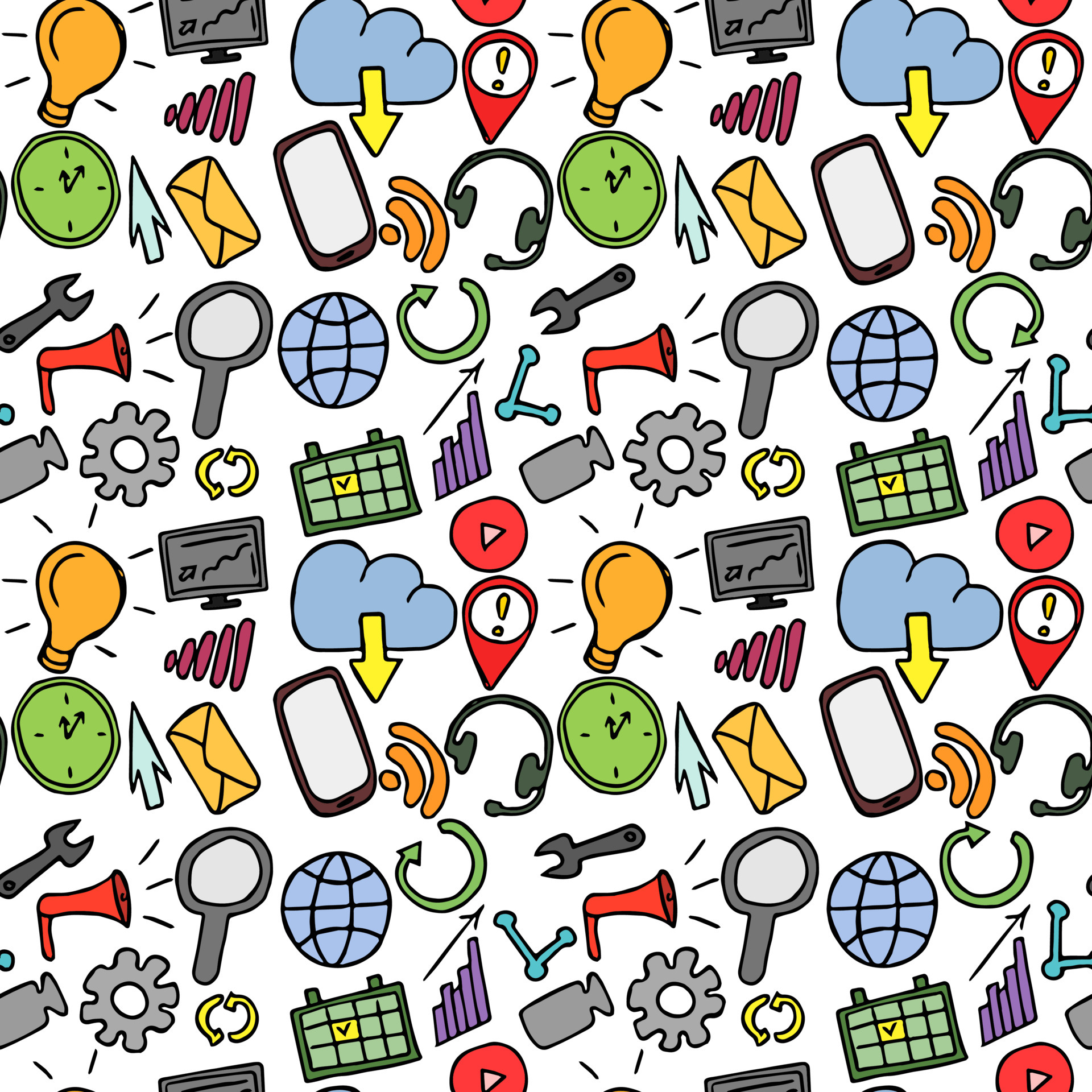 Colored seamless doodle pattern with business and technology set icons ...