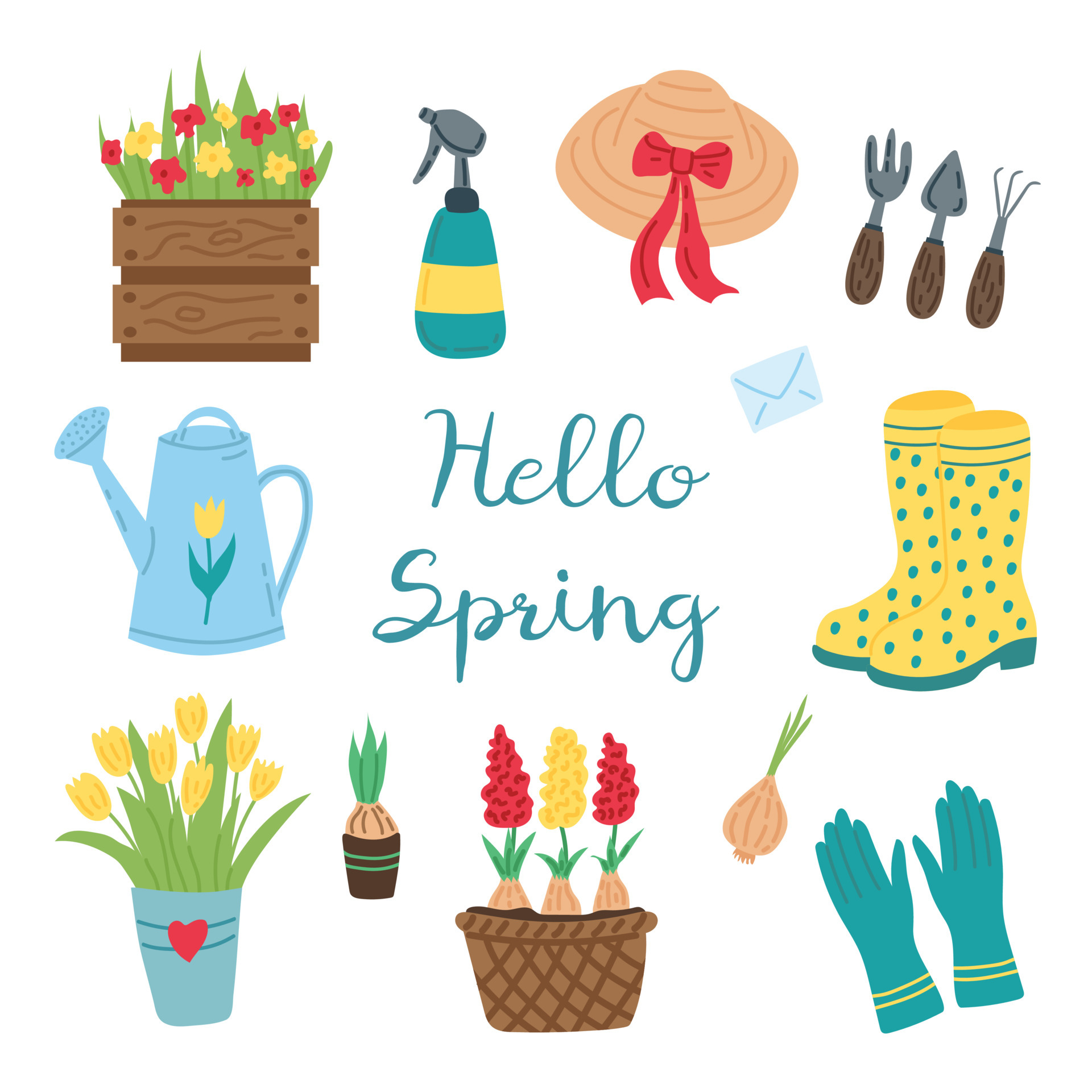 Spring set of handdrown garden items. Flat vector illustration. 7079086 ...