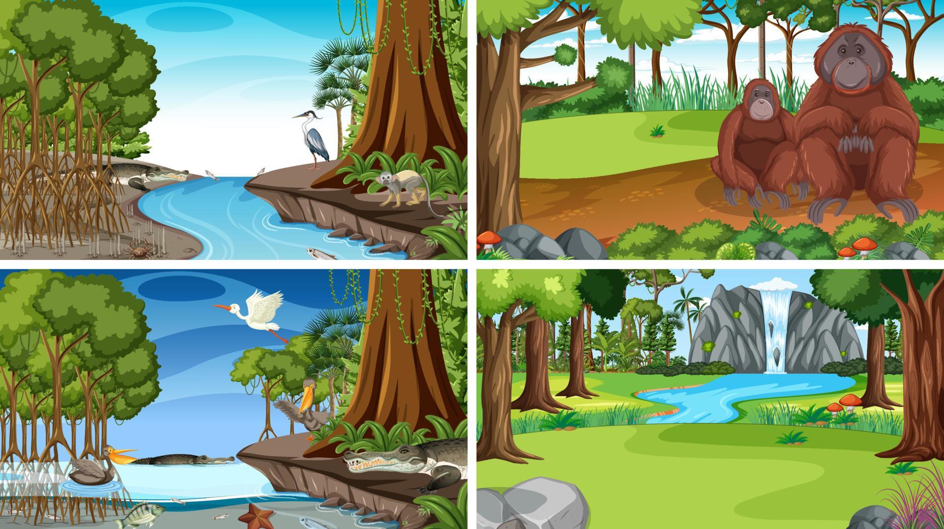 Different forest scenes with wild animals 7095082 Vector Art at Vecteezy