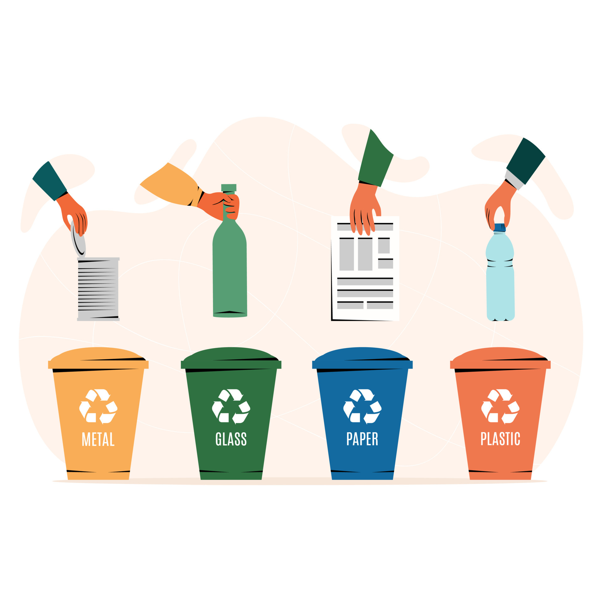 Different colored trash cans with paper, plastic, glass and metal waste ...
