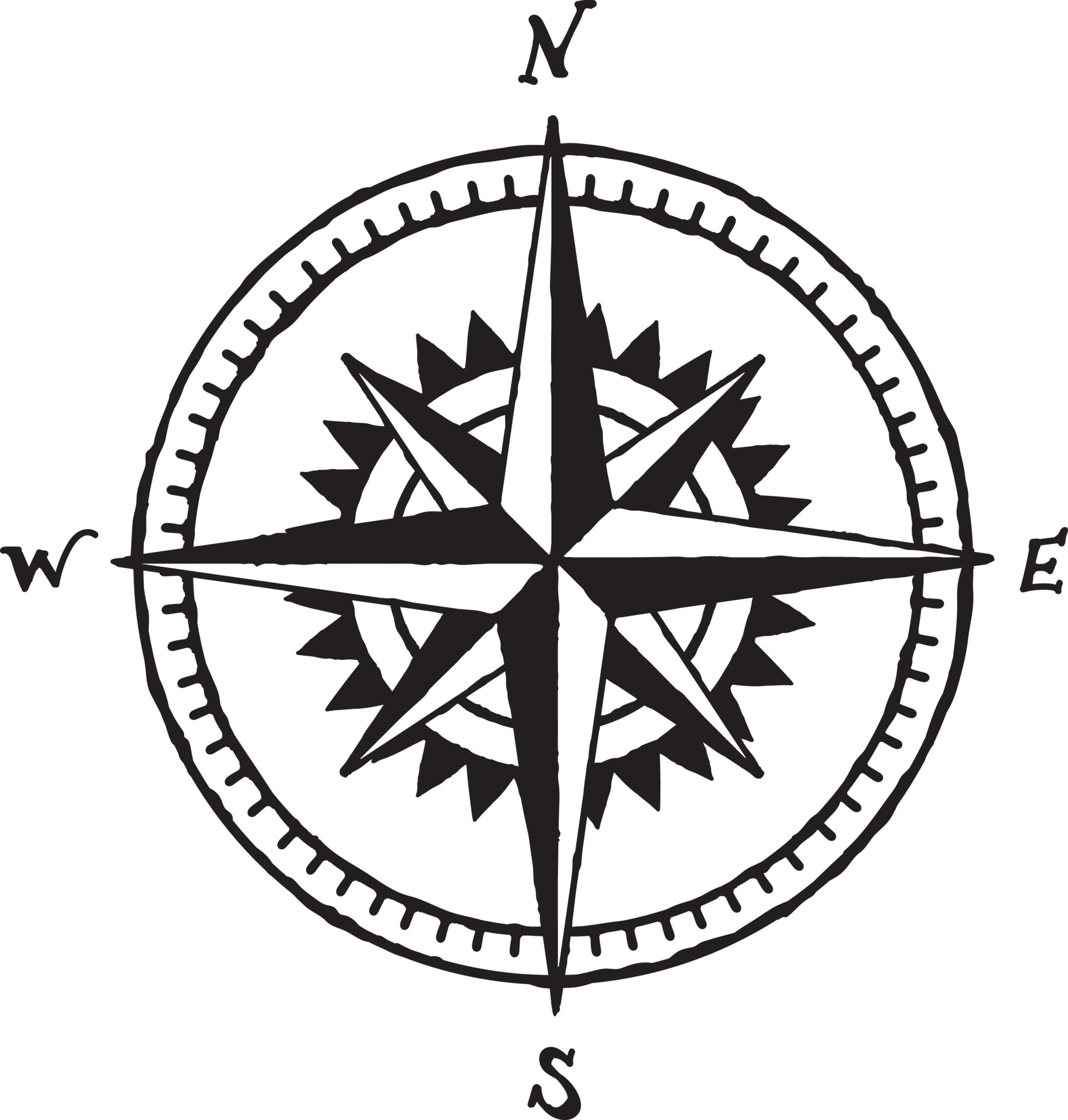 Vintage hand drawn windrose vector in black and white. Compass symbol ... Vintage hand drawn windrose vector in black and white. Compass symbol ...