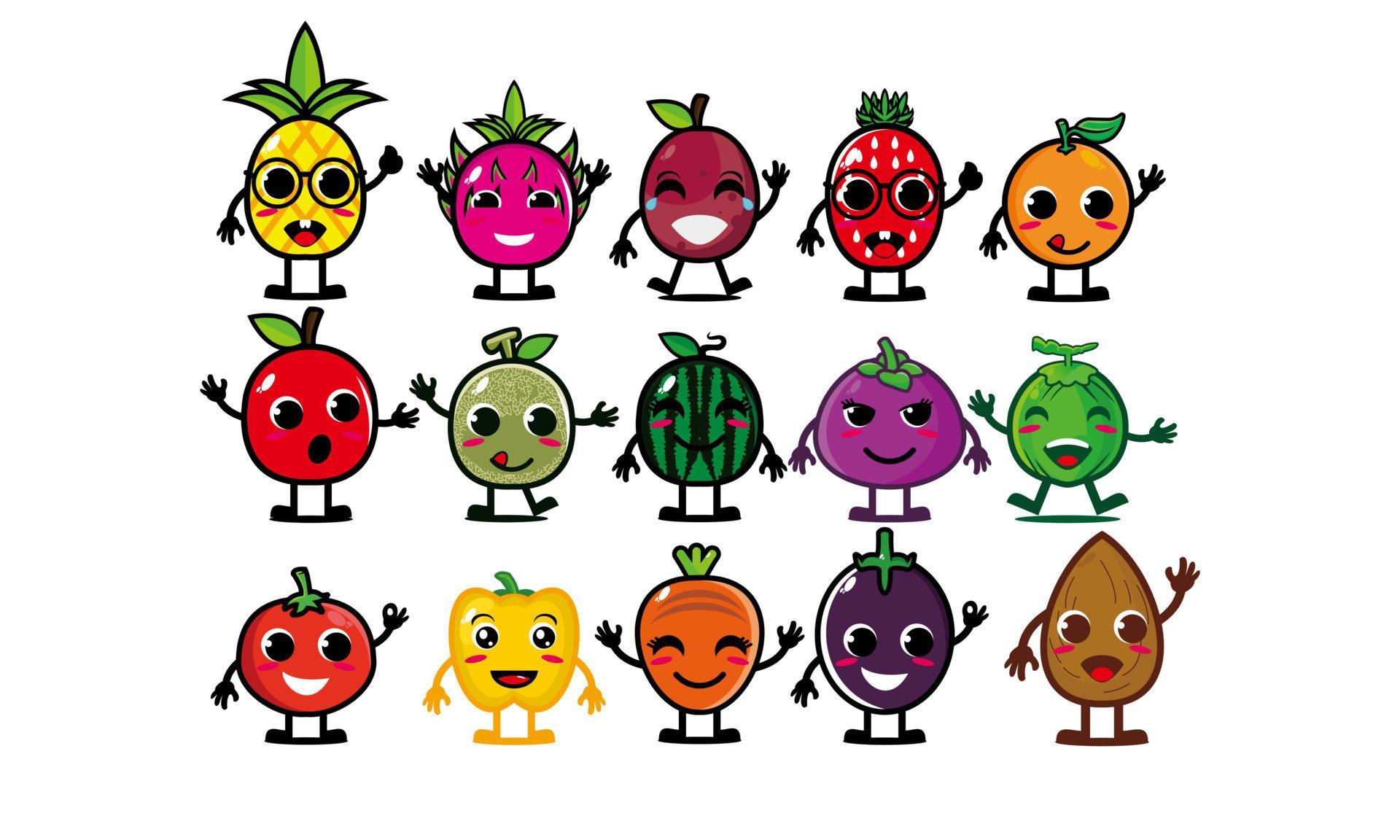 Happy cute smiling fruit face set. Vector flat kawaii cartoon character ...