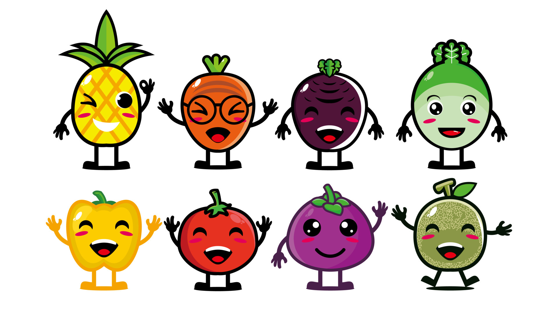 Cute happy smiling funny fruit and vegetable collection set. Vector ...