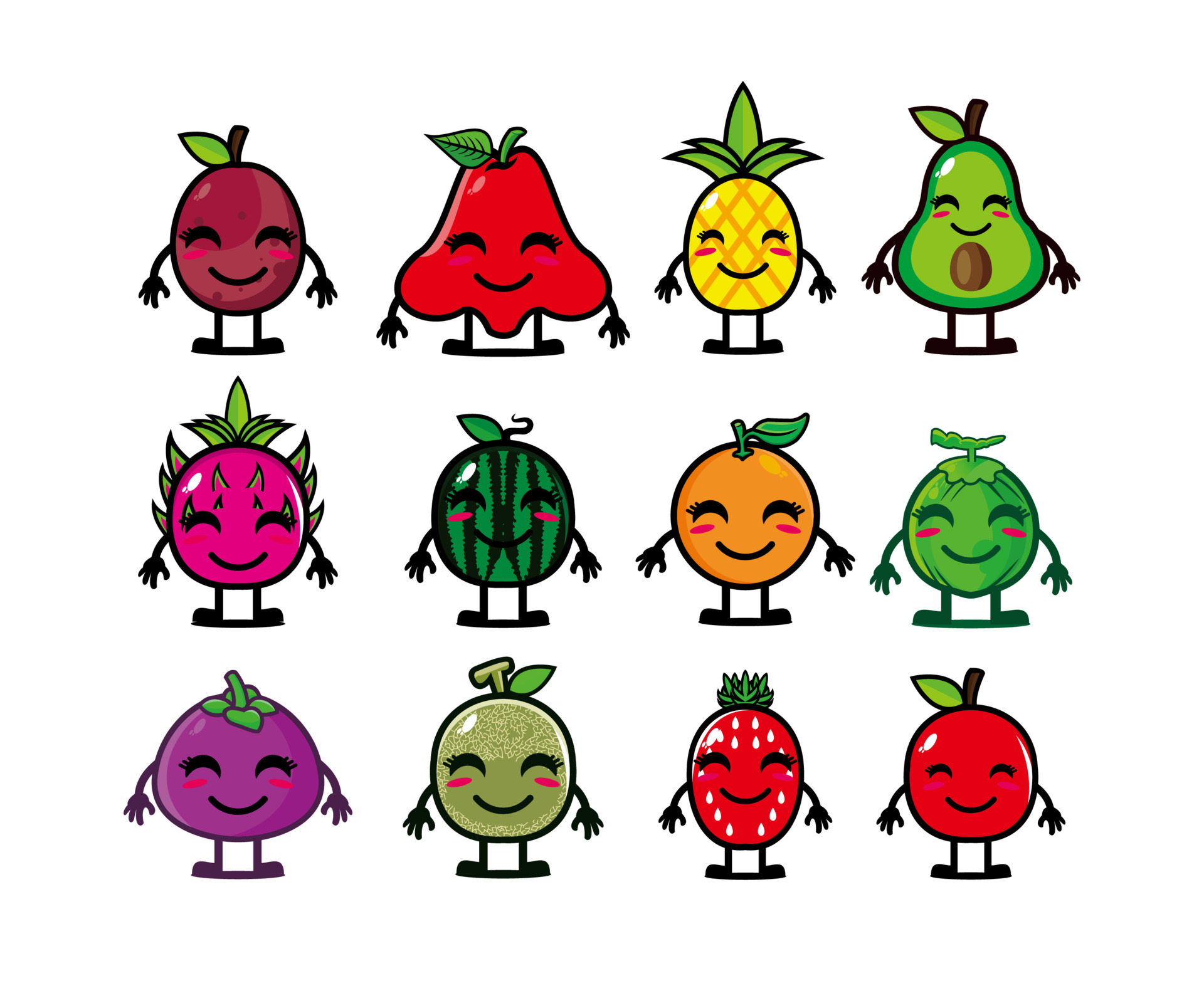 Happy cute smiling fruit face set. Vector flat kawaii cartoon character ...
