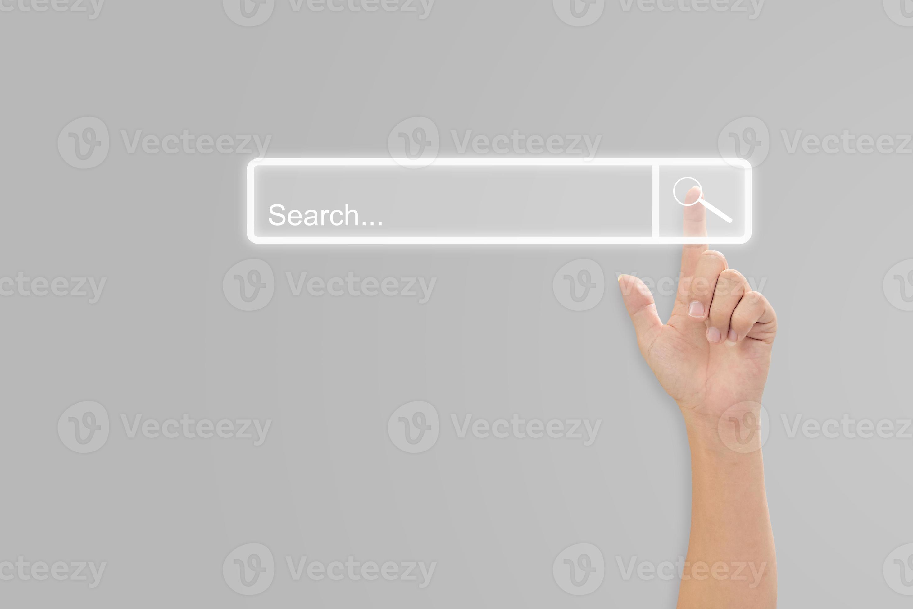 Hand click search button page on virtual screen. Idea for searching ...