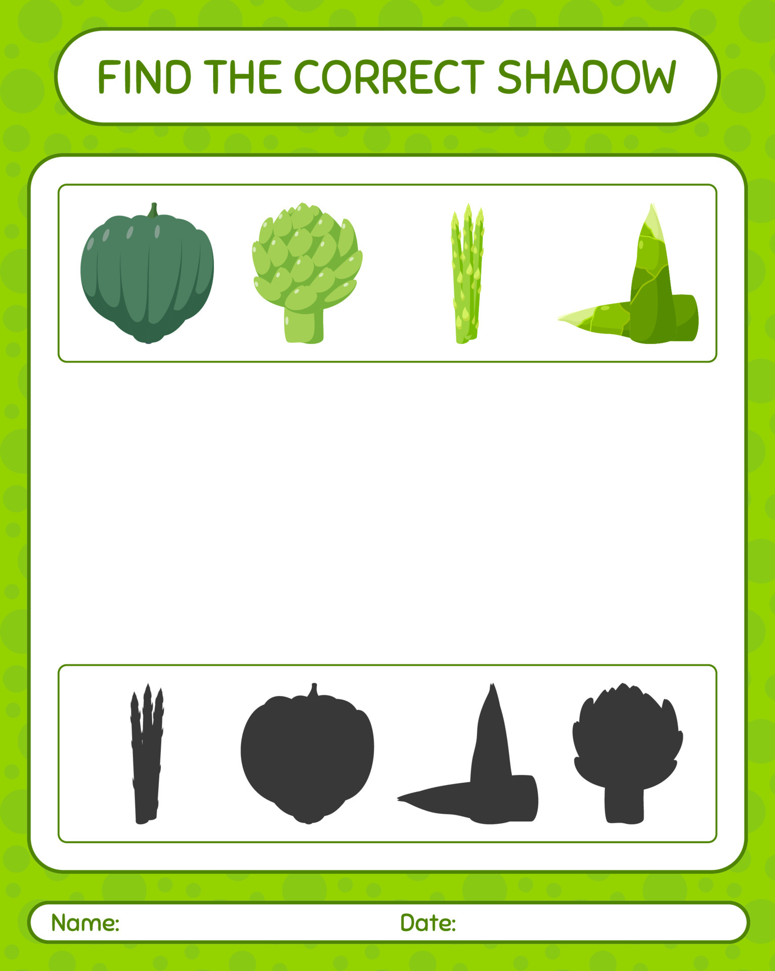 Find the correct shadows game with vegetables. worksheet for preschool ...
