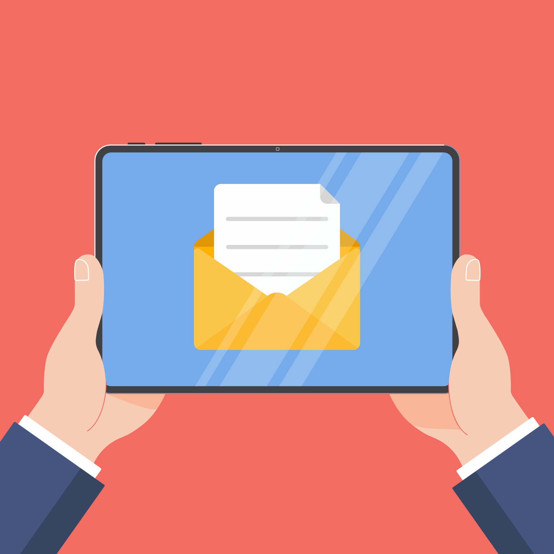 Hands hold tablet pad devise with open envelope document paper sheet ...