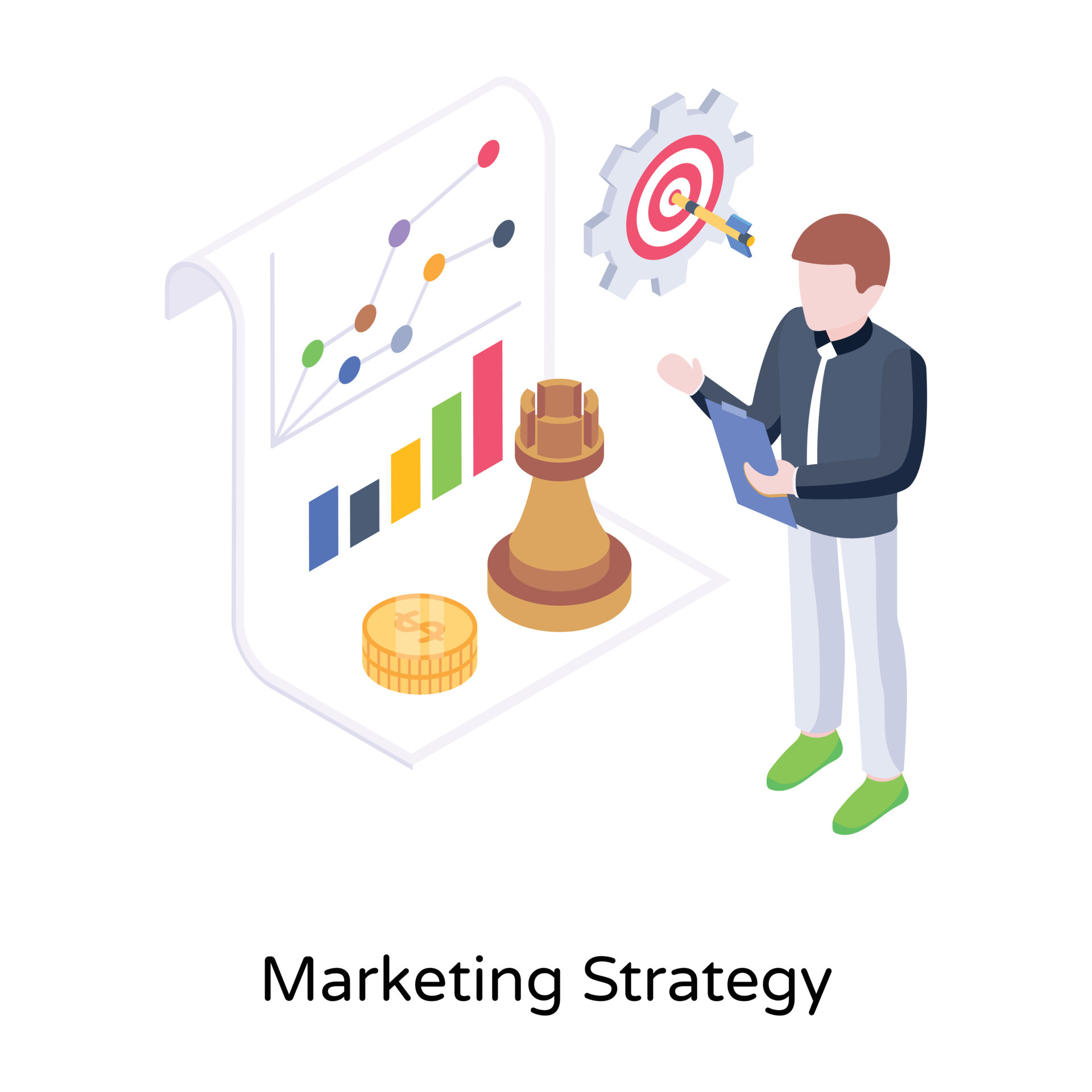 Market report with chess piece, isometric icon of marketing strategy ...