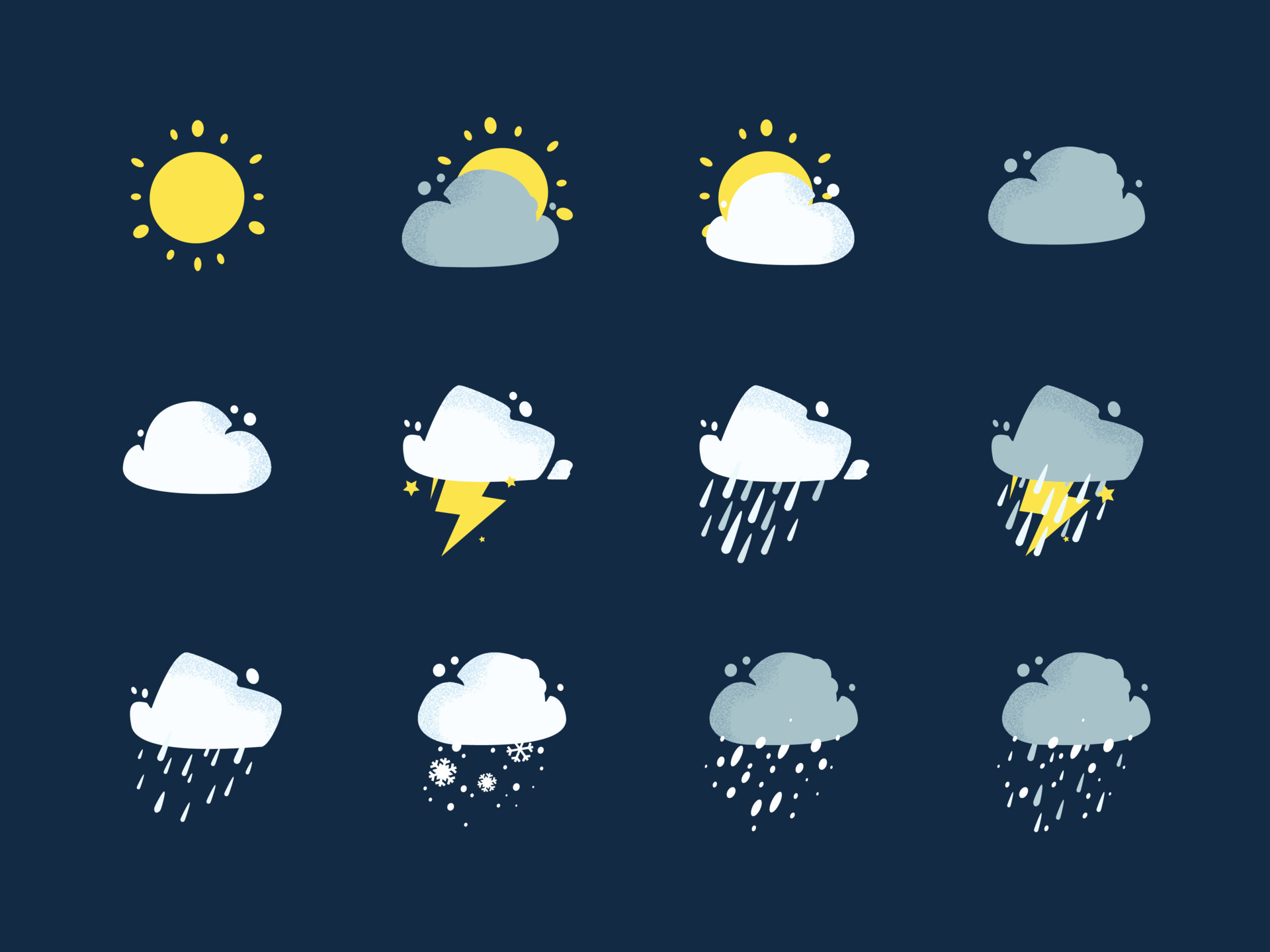 Weather conditions icon set on dark blue background, best for animation ...
