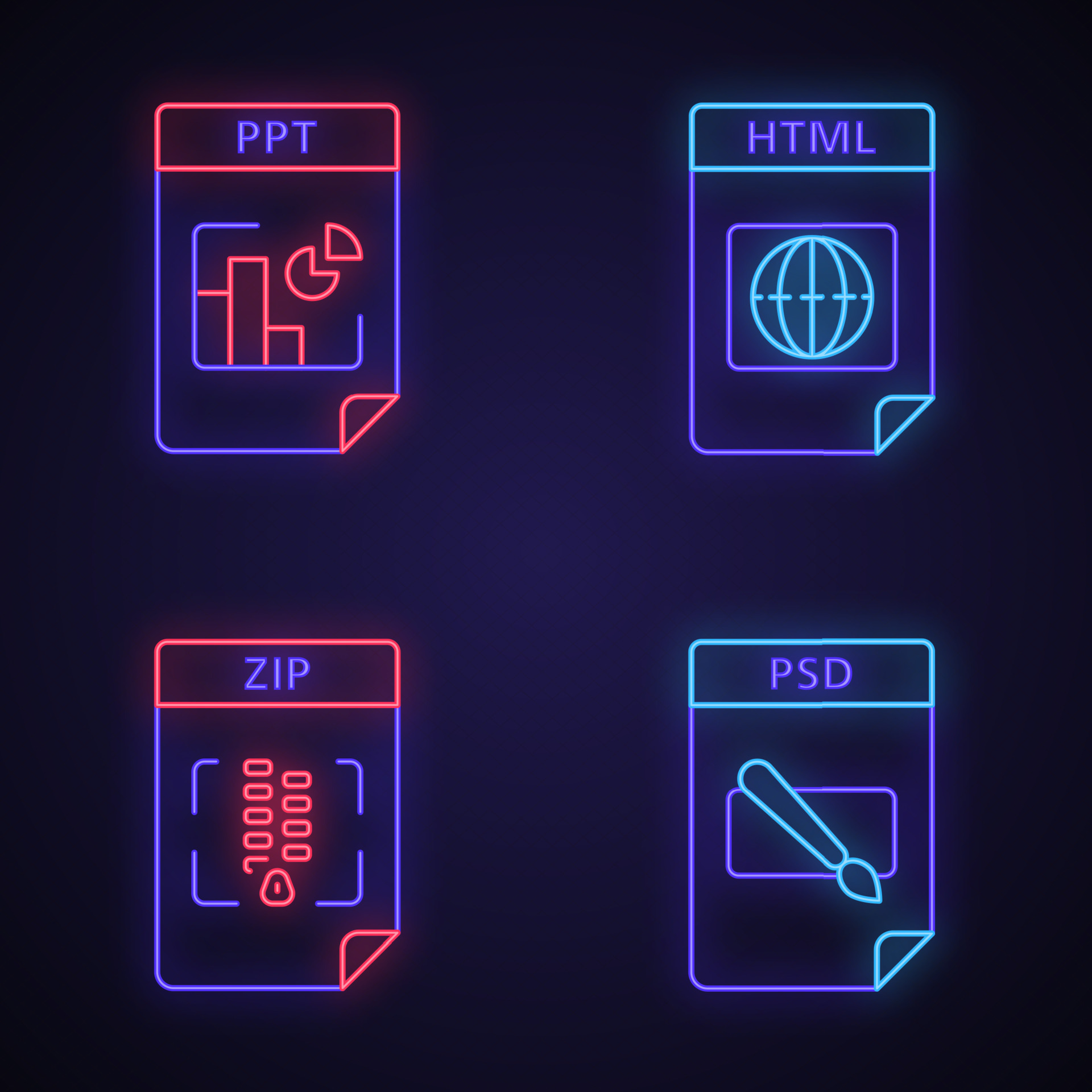 Files Format Neon Light Icons Set Presentation Webpage Archive