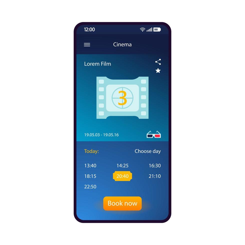 Cinema Smartphone Interface Vector Template Mobile App Page Design Layout Movie Theater