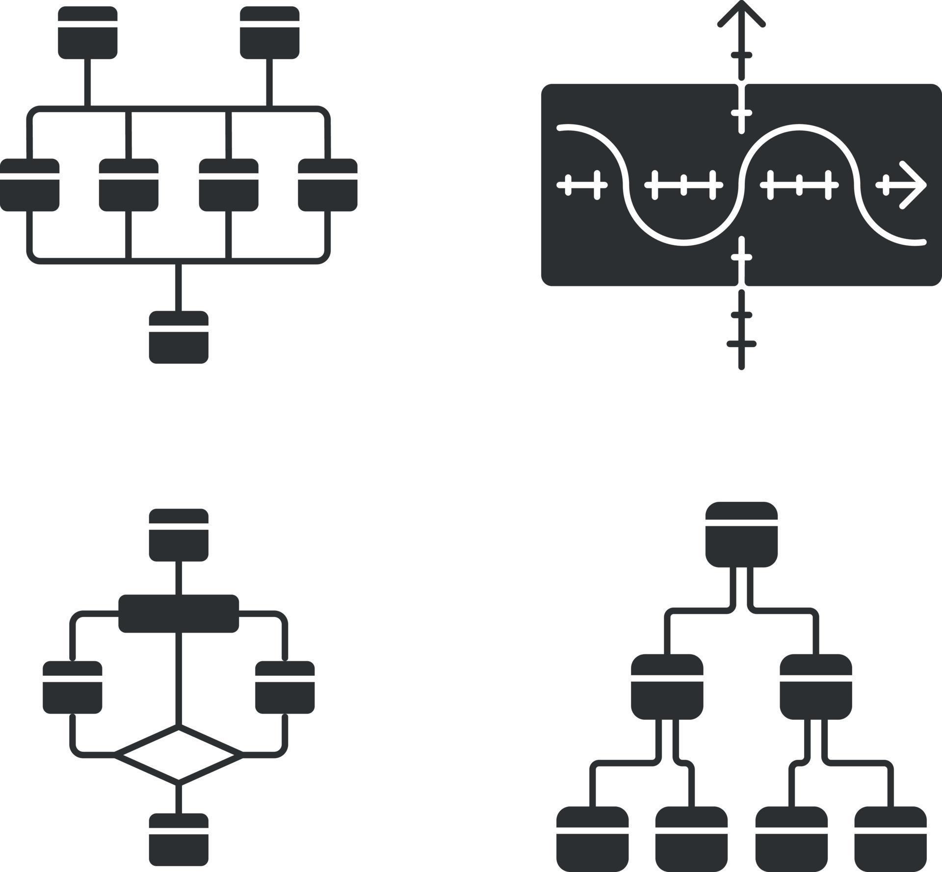Diagrams glyph icons set. Network, tree, function graph, flowchart. Process flow. Statistics ...