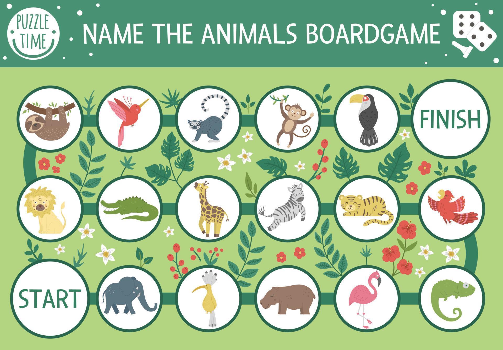 Tropical adventure board game for children with cute animals, plants ...