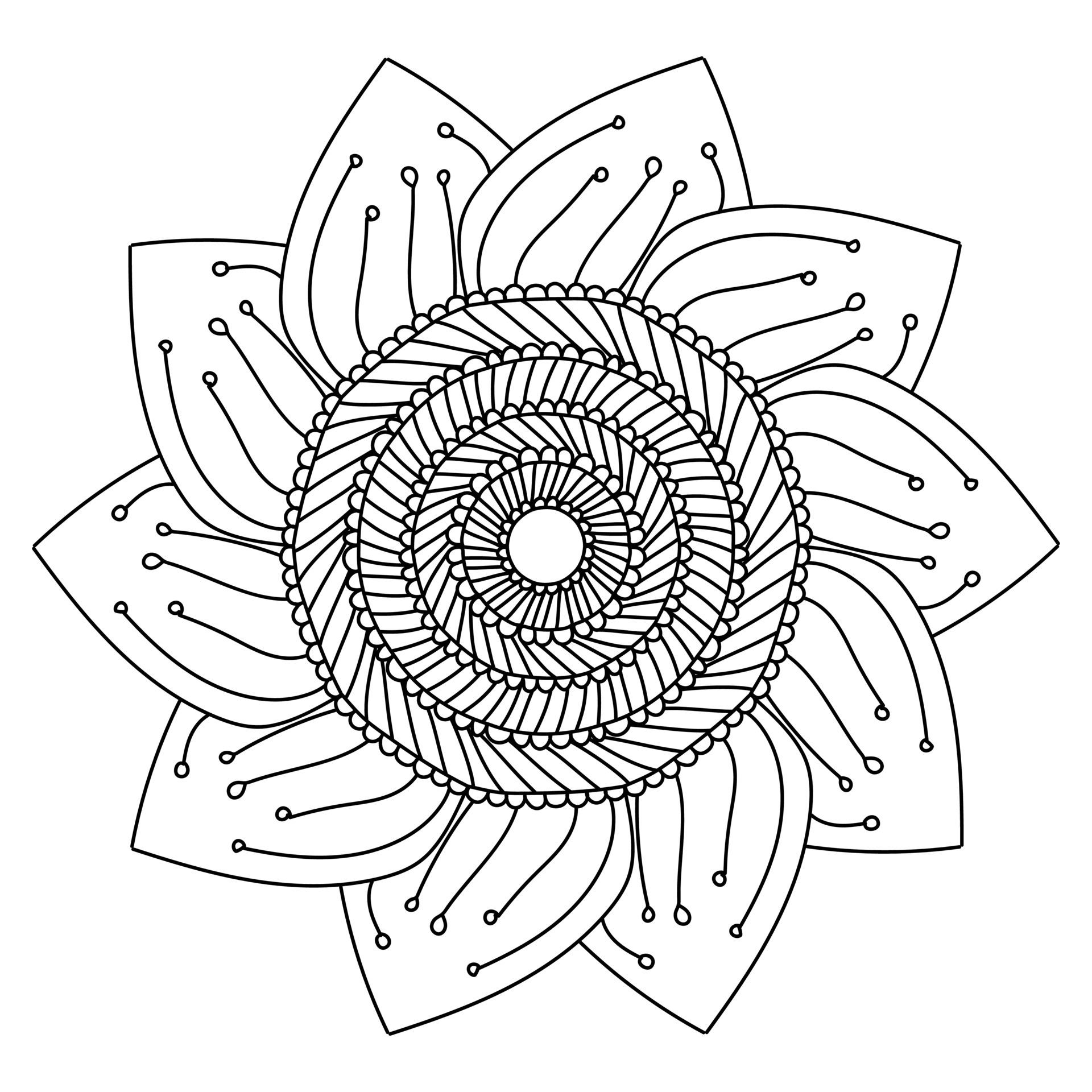 Coloring page with stylized sunflower, contour mandala with symmetrical ...