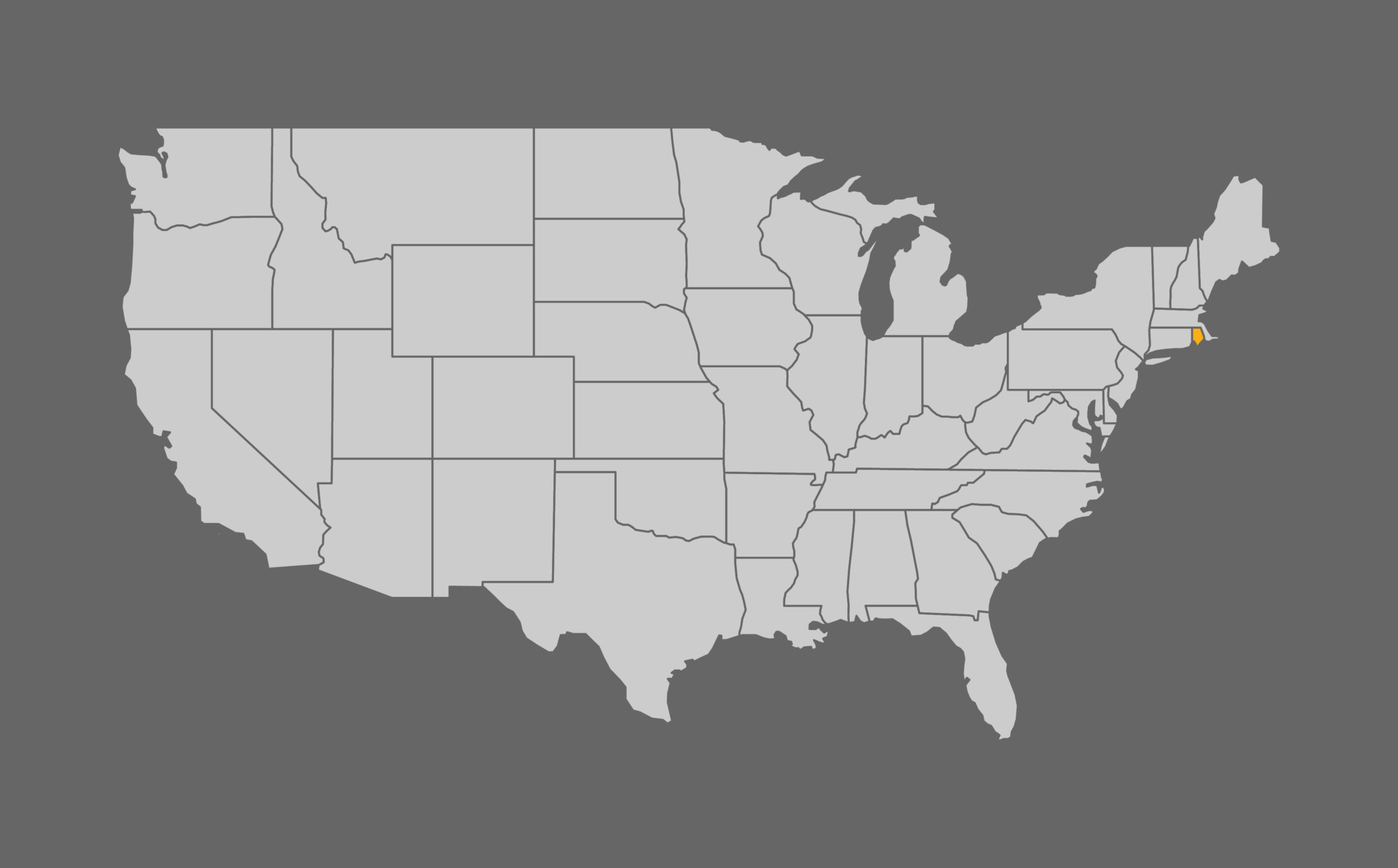 Map of the United States with Rhode Island highlight on grey background ...