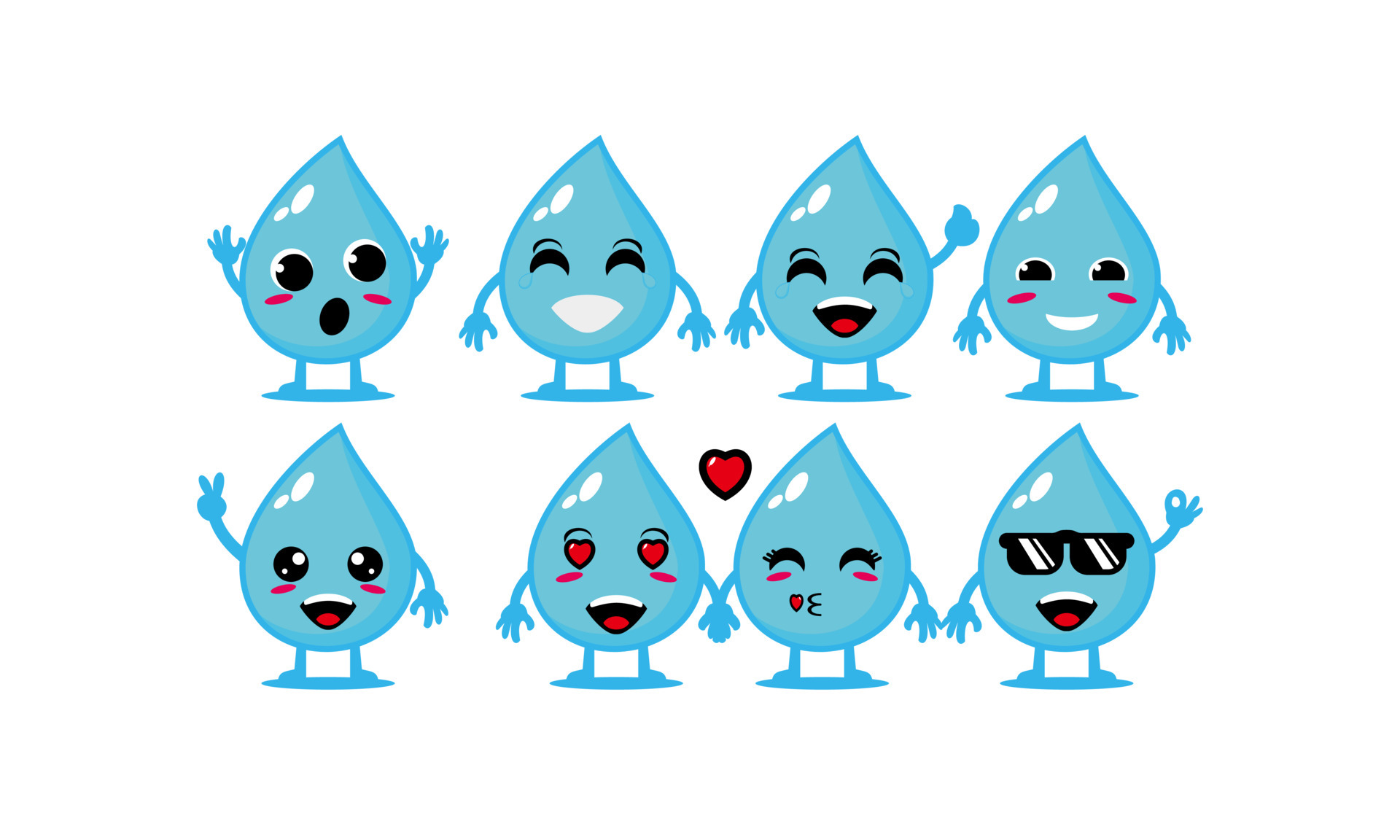 Cute Smiling Aqua Water Drop Set Collectionvector Flat Cartoon Face Character Mascot