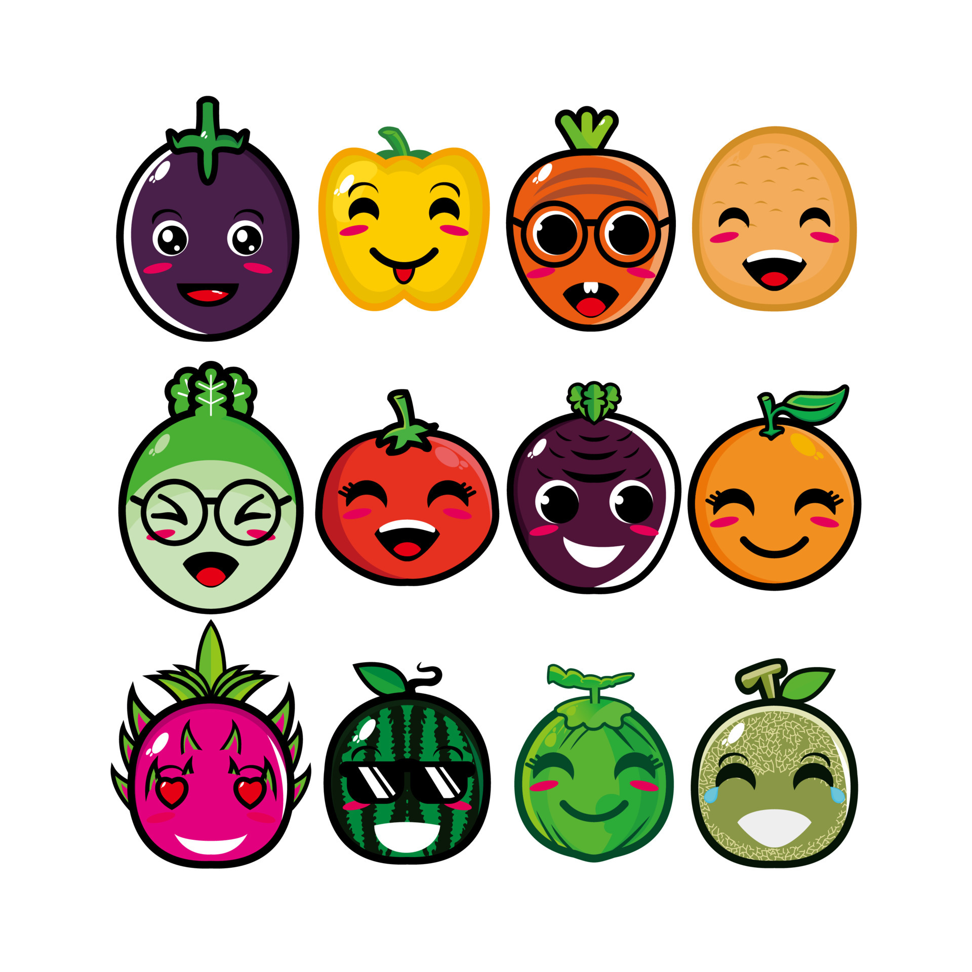 Happy cute smiling fruit and vegetable face set. Vector flat kawaii ...