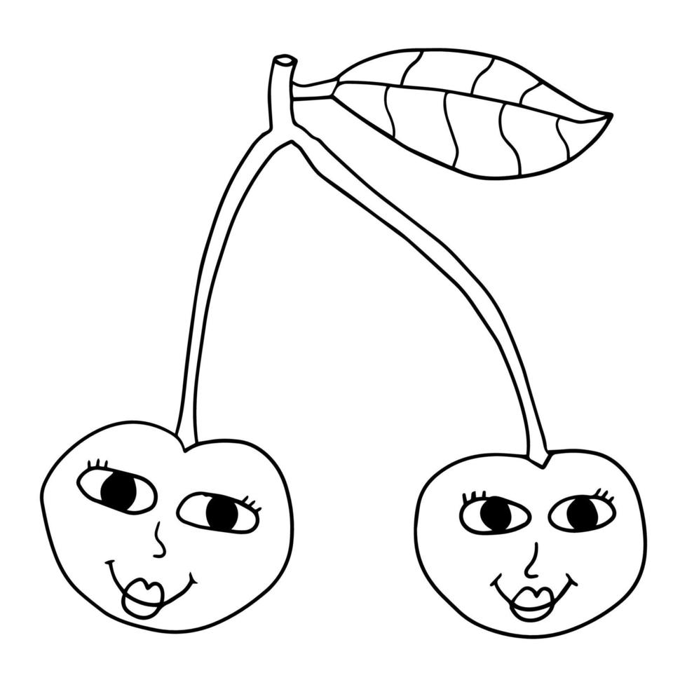 Happy Cartoon Cute Cherry Characters In Doodle Style Fruits Isolated On White Background