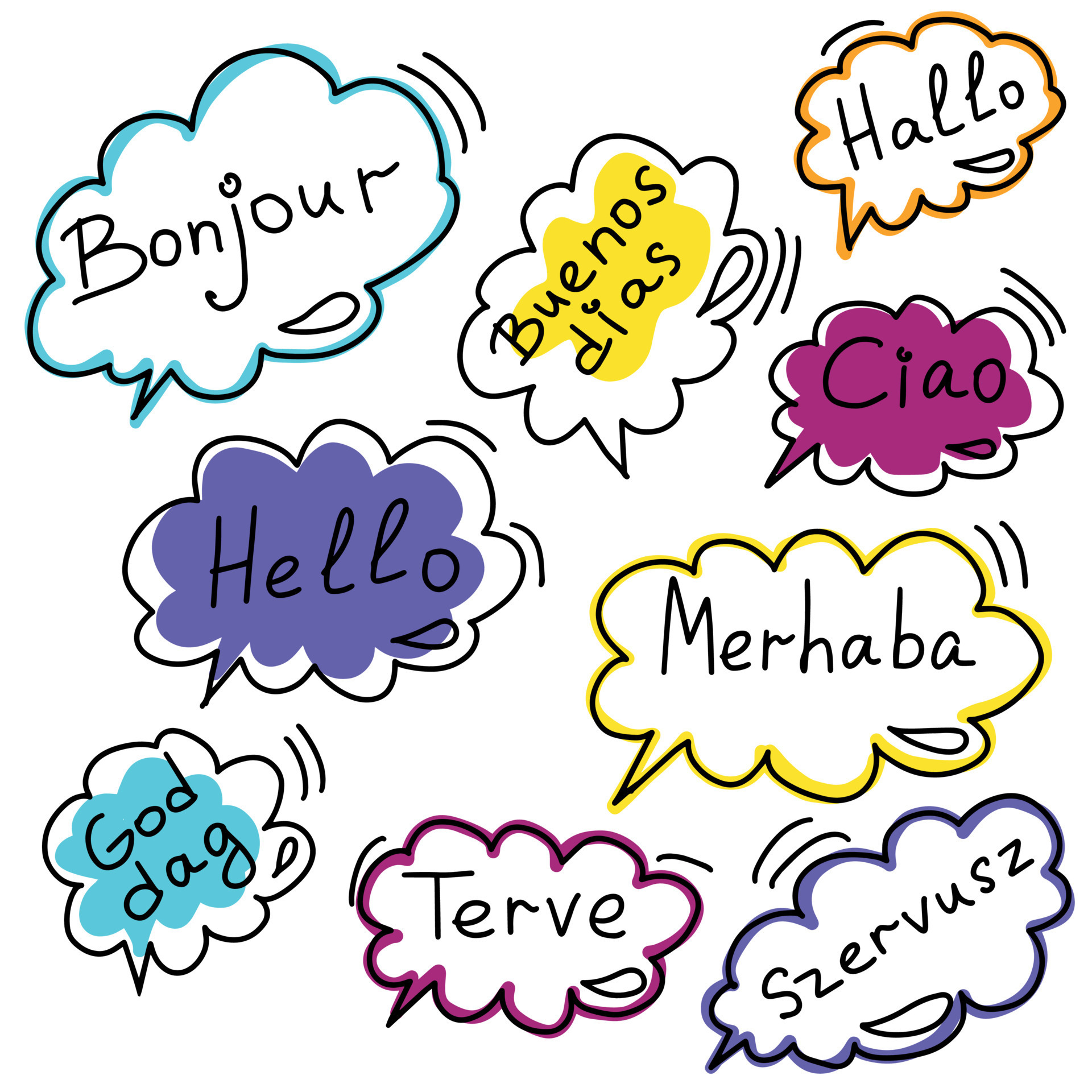 vector set of speech, thoughts, word hello in different languages, on a ... vector set of speech, thoughts, word hello in different languages, on a ...