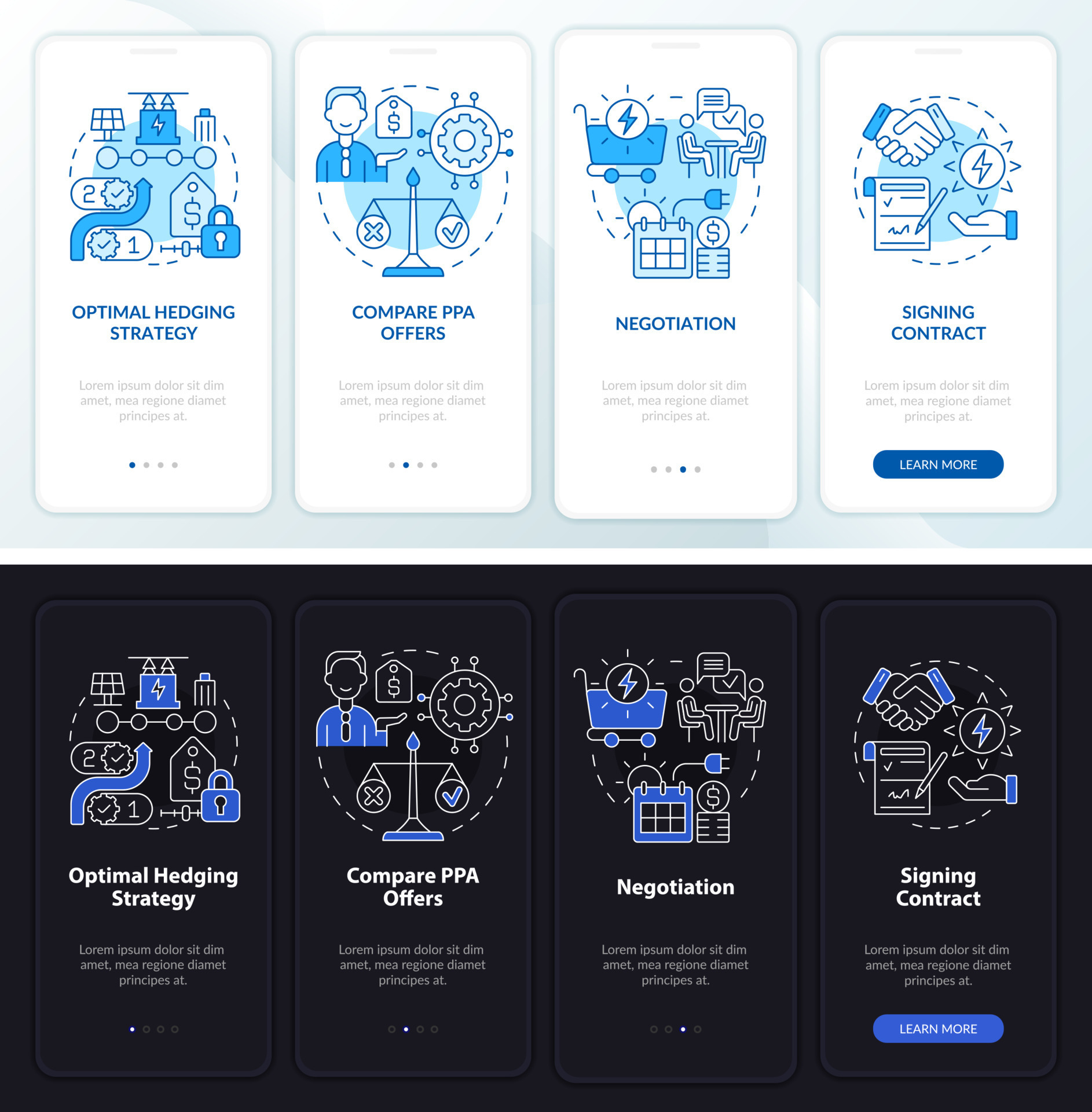 Ppa Work Night And Day Mode Onboarding Mobile App Screen Electric Power Walkthrough 4 Steps