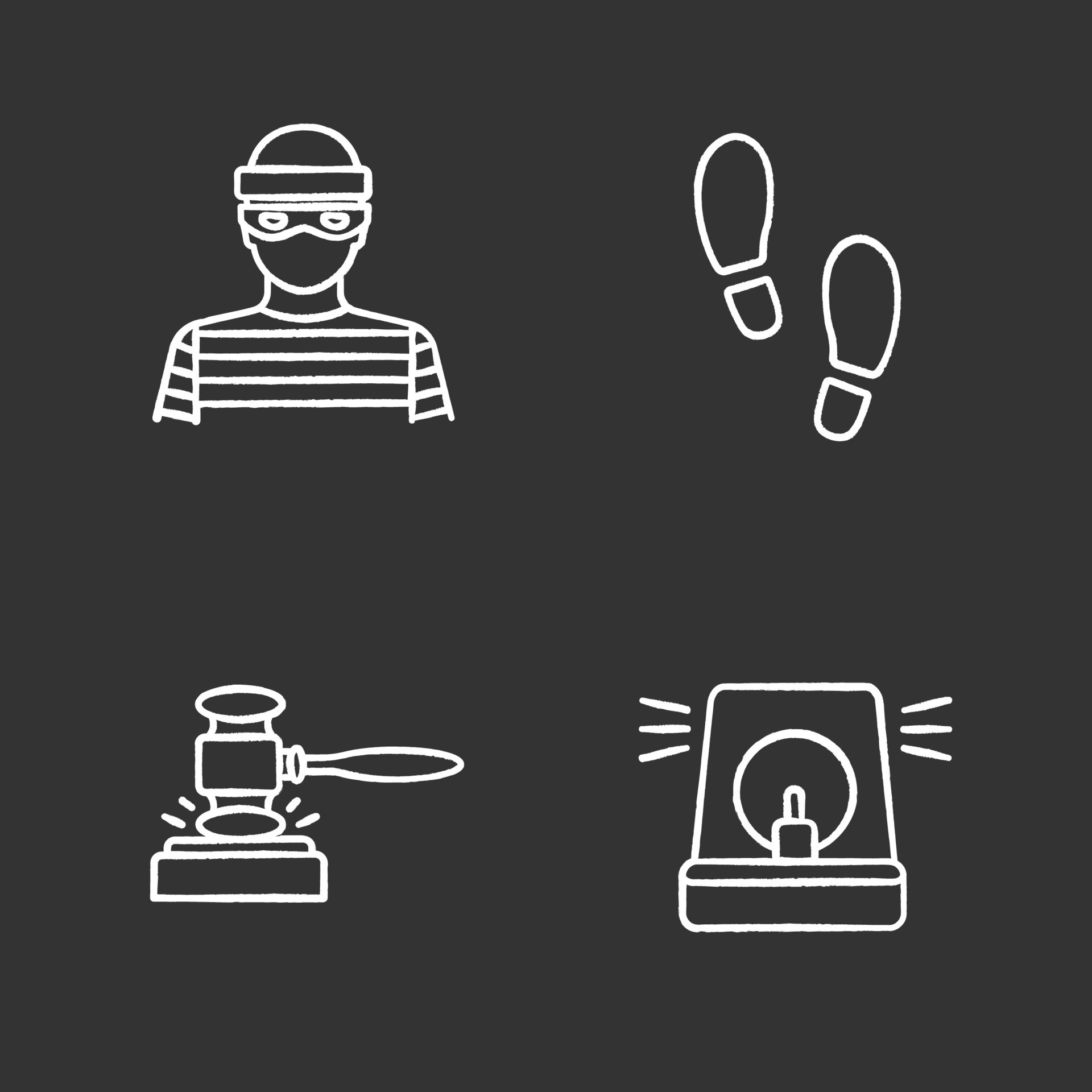 Police chalk icons set. Robber, footprints, gavel, alarm. Isolated ... Police chalk icons set. Robber, footprints, gavel, alarm. Isolated ...